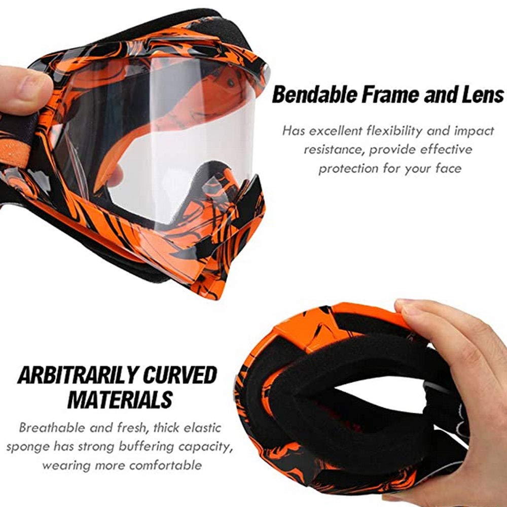 Motocross Motorcycle Goggles ATV Dirt Bike Off Road Racing MX Riding Goggle Anti-Scratch Dustproof Bendable UV400 Eyewear Padded Soft Thick Foam Glasses (Orange-Black Transparent)