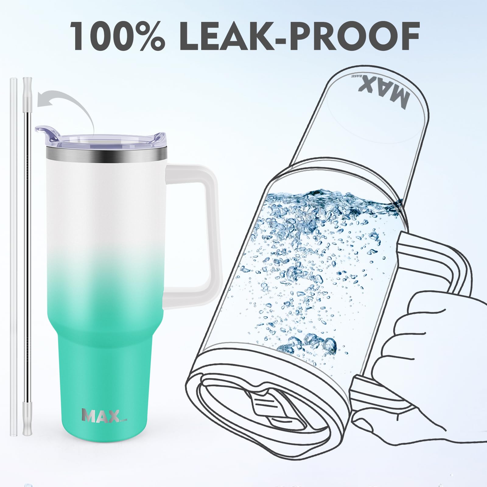 MaxBase 40 oz Tumbler with Handle and Straw Lid, Insulated Reusable Stainless Steel Travel Mug Keeps Drinks Cold up to 34 Hours, 100% Leakproof Bottle for Water, Iced Tea or Coffee, Smoothie and More