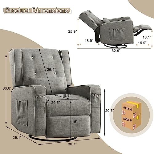 OPRISEN 360° Manual Swivel Recliner Swivel Rocker Recliner Chair for Nursery Overstuffed Wingback Glider Chair w/Side Pockets/Cup Holders (Beige)
