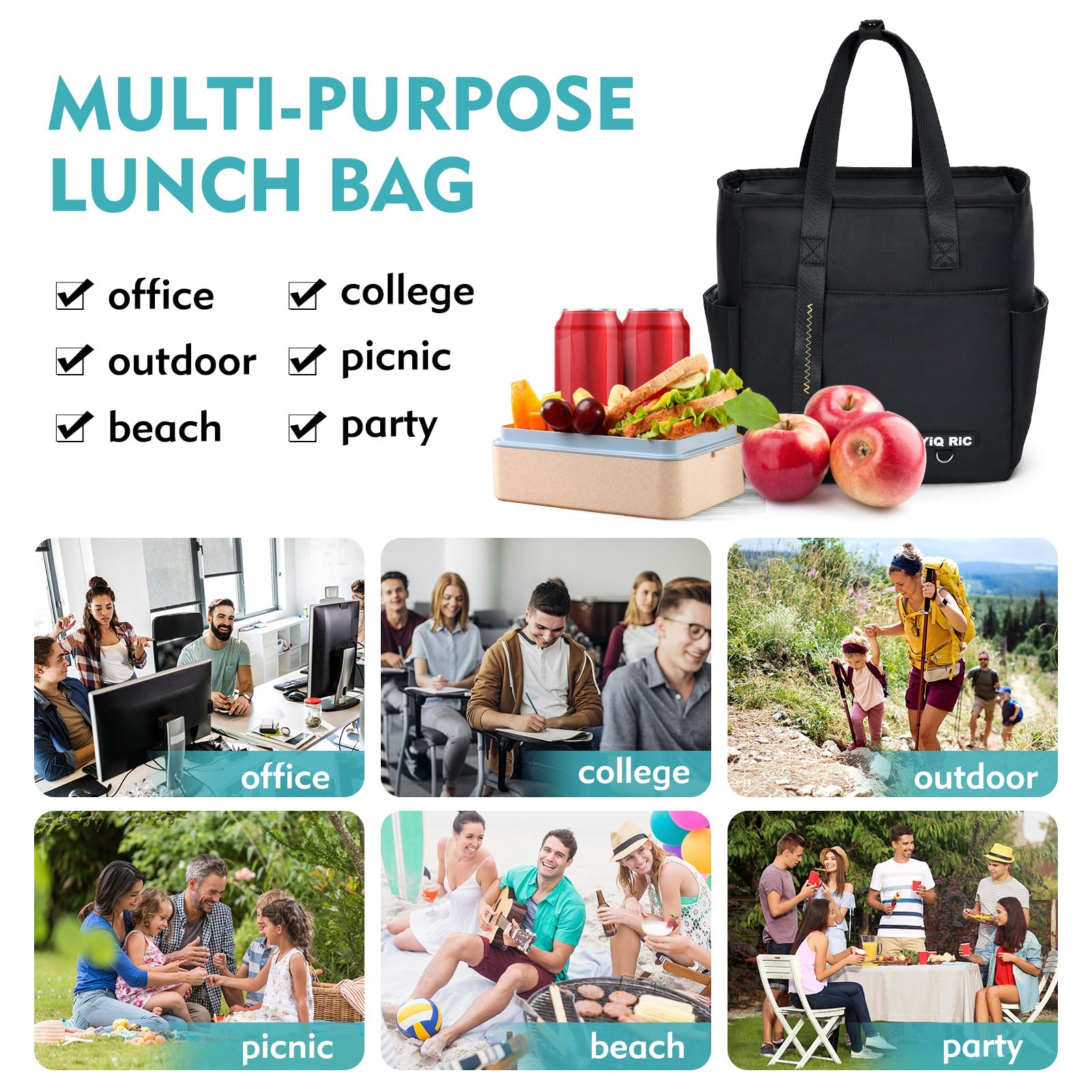 Lunch Box for Women/Men - Large/Small Insulated Leak Proof Lunch Bag for work Reusable Lunch Tote Bag S Black