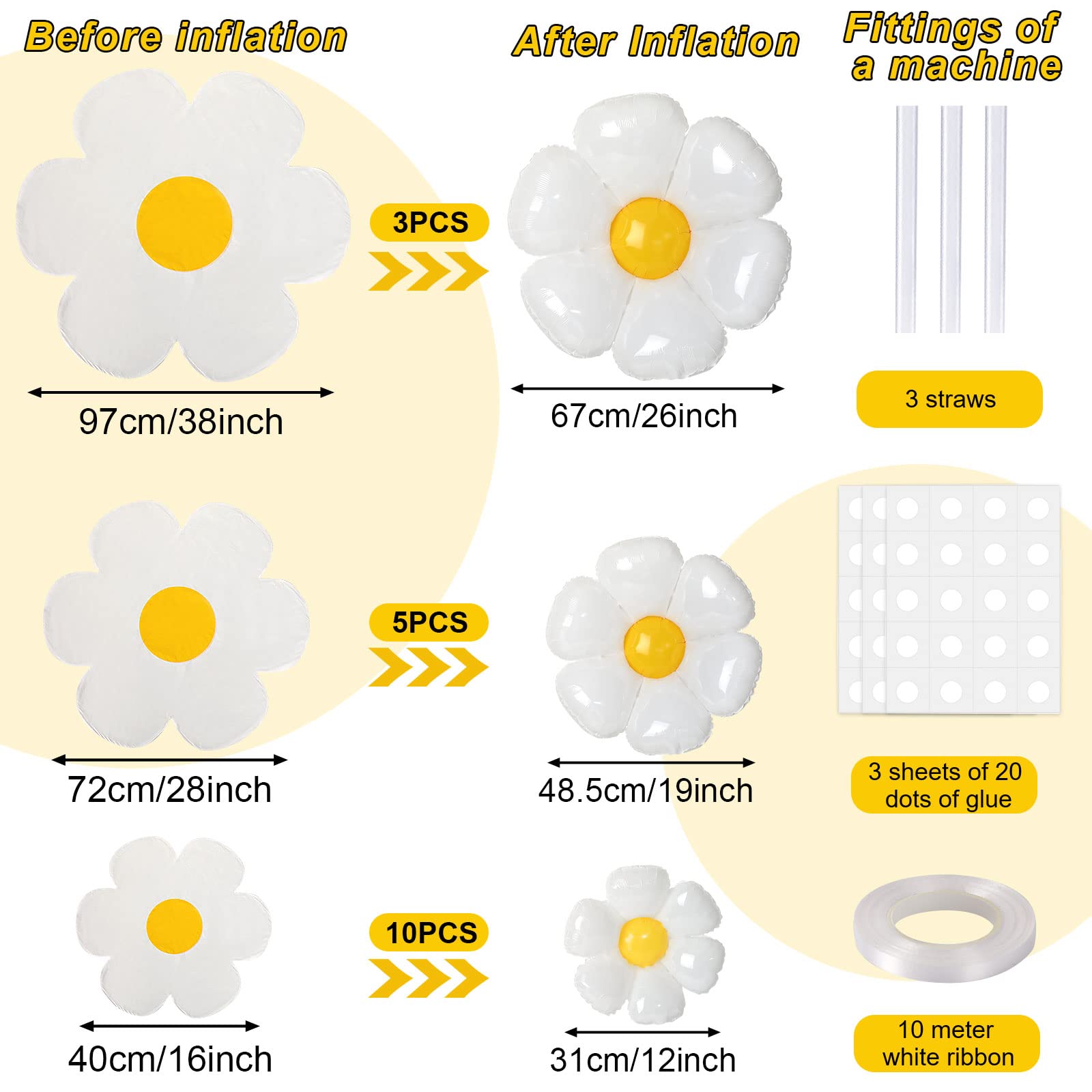 NOVWANG Daisy Balloons, 18pcs White Daisy Flower Balloons Party Decorations for Birthday Wedding Baby Shower Party Decorations Supplies(Huge Balloon X 3, Medium X 5, Small X 10)