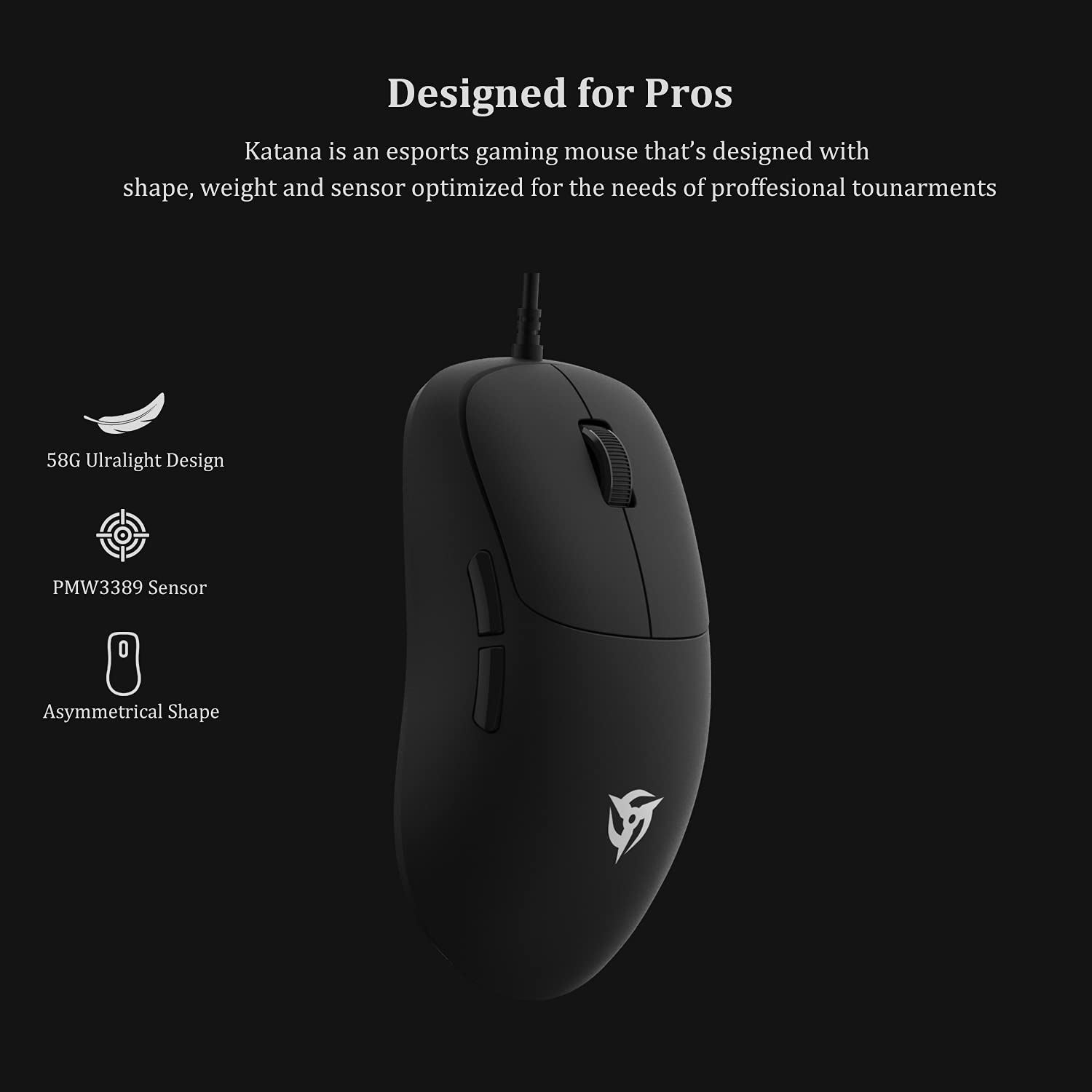 Ninjutso Katana Lightweight Gaming Mouse – 58G Ultralight Design with 16K DPI Optical Sensor, Assassin Paracord, Crispy Kailh GM8.0 Switch & 100% PTFE Feet