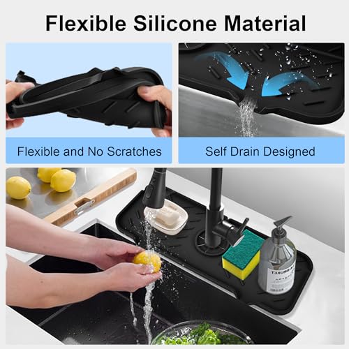 Silicone Faucet Mat for Kitchen, Sink Splash Guard, Sink Draining Pad Behind Faucet, Kitchen Sink Accessories, Faucet Absorbent Mat, Bathroom Faucet Water Catcher Mat (Black (15.4" x 5.9"))
