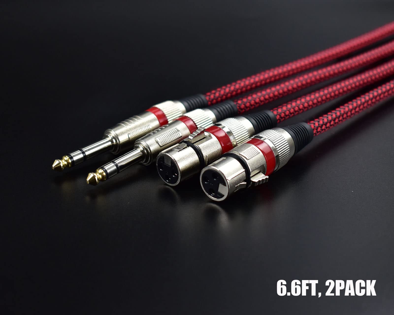 Mugteeve 1/4" TRS to XLR Female Cable Adapter Balanced, 6.6FT Stereo Quarter Inch TRS to XLR Microphone Cable, Nylon Braided, OFC Shielded, Red Color, for Mic/Speaker/Mixer - 2Pack
