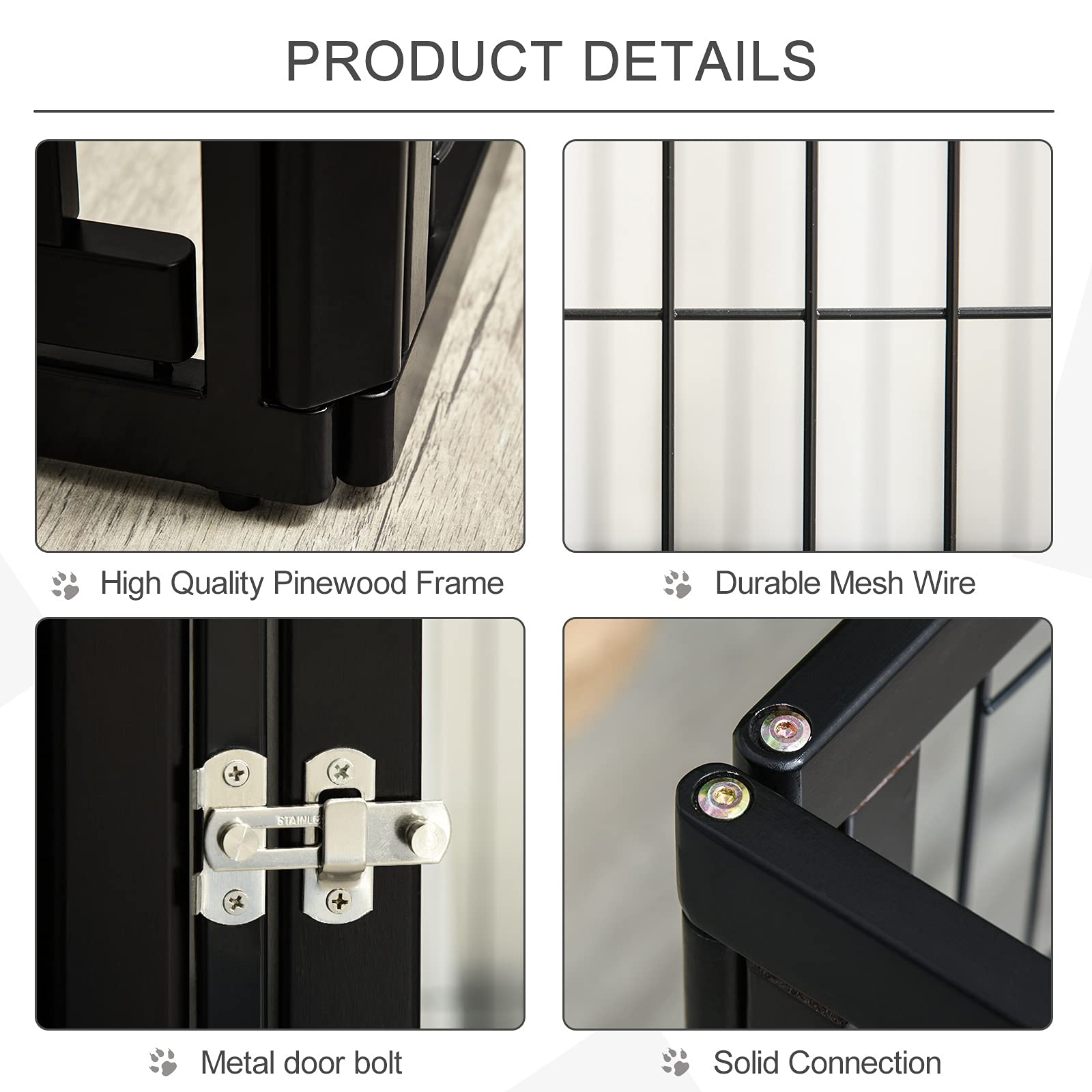 PawHut Transformable Pet Playpen 6 Freestanding Panels Gate Fireplace Christmas Tree Fence Stair Barrier Room Divider with Walk Through Door Wooden Frame Metal Mesh Black 63'' x 54.5'' x 31.5''