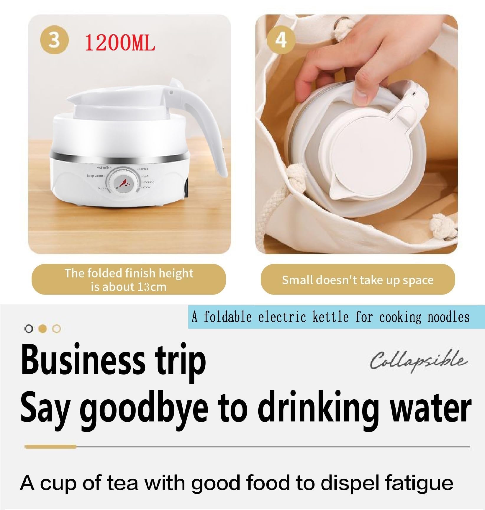 Large Capacity Temperature Adjustable Travel Kettle,Travel Foldable Electric Kettle,Collapsible Food Grade Silicone Small Kettle,Boiling water for Tea Coffee Nodle(1200ml,110V,1200W,US Plug) (Blue)