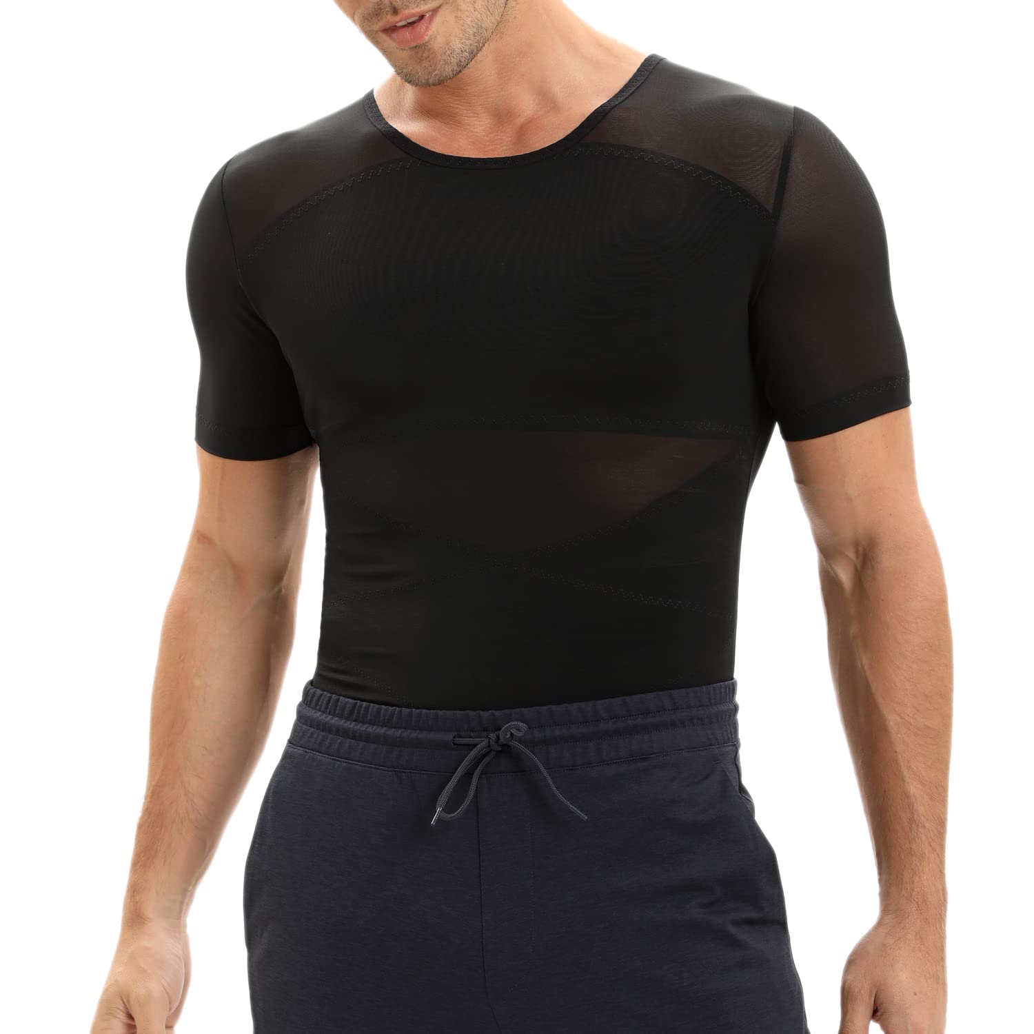 PODFAN Men's Body Shaper Short Sleeve, Men's Compression Body Shaper Short Sleeves,Mens Seamless Compression Shirt Black