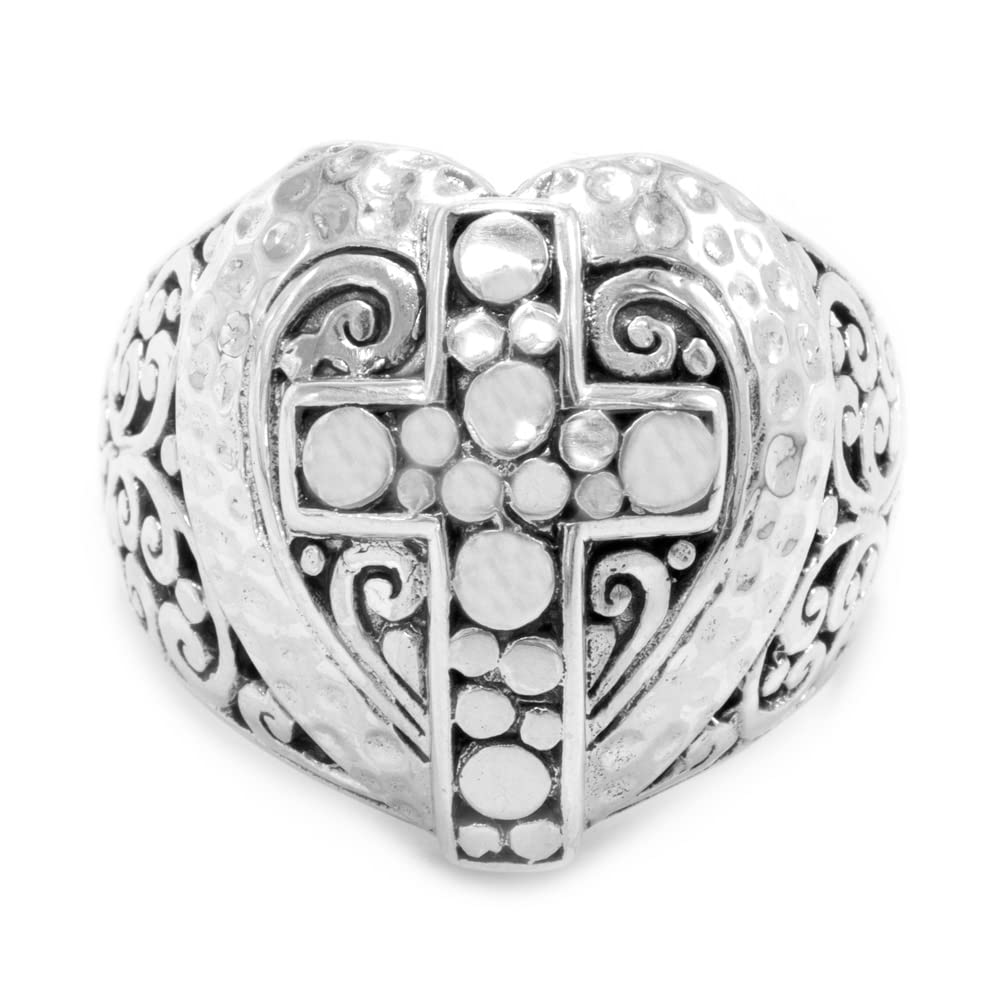 SARDA - .925 Sterling Silver Flat Jawan & Tree of Life Heart Cross 3/4" Statement Ring - Handmade by Bali Artisans - Size 8
