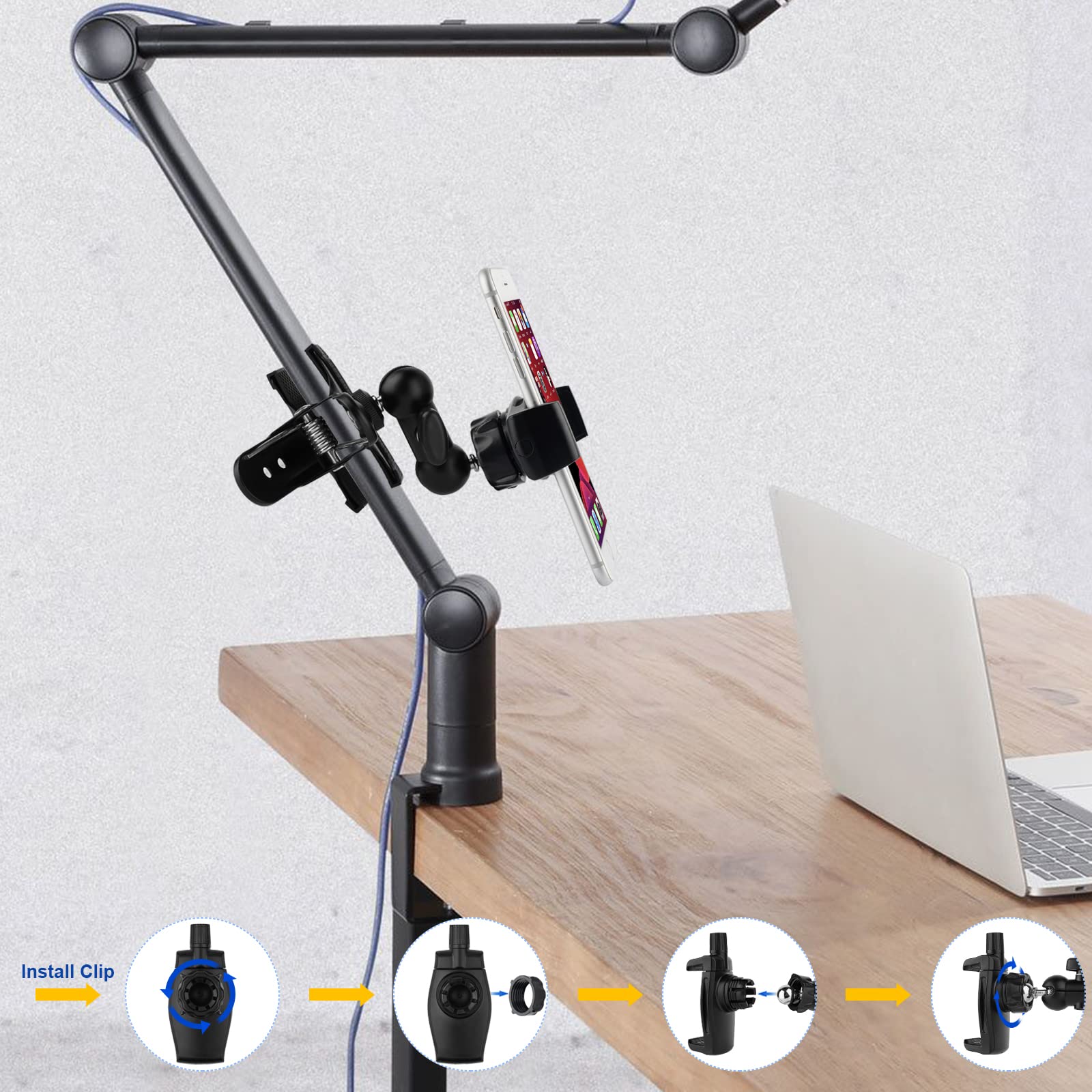 Mippko Clip Clamp Phone Holder for Desk/Table/Glass Door/Desktop Baffle/Easel,Compatible with iPhone/Nexus/HTC/LG/Huawei/Smart Phones,360°Adjustment Aluminium Alloy Arm Metal Mount