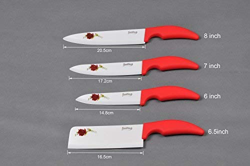 Sailing. Elegant 6.5-inch Ceramic Chef's Knife, Red Handle,White Blade with Red Flower - Best Kitchen Ceramic Cutlery, Featuring Designs