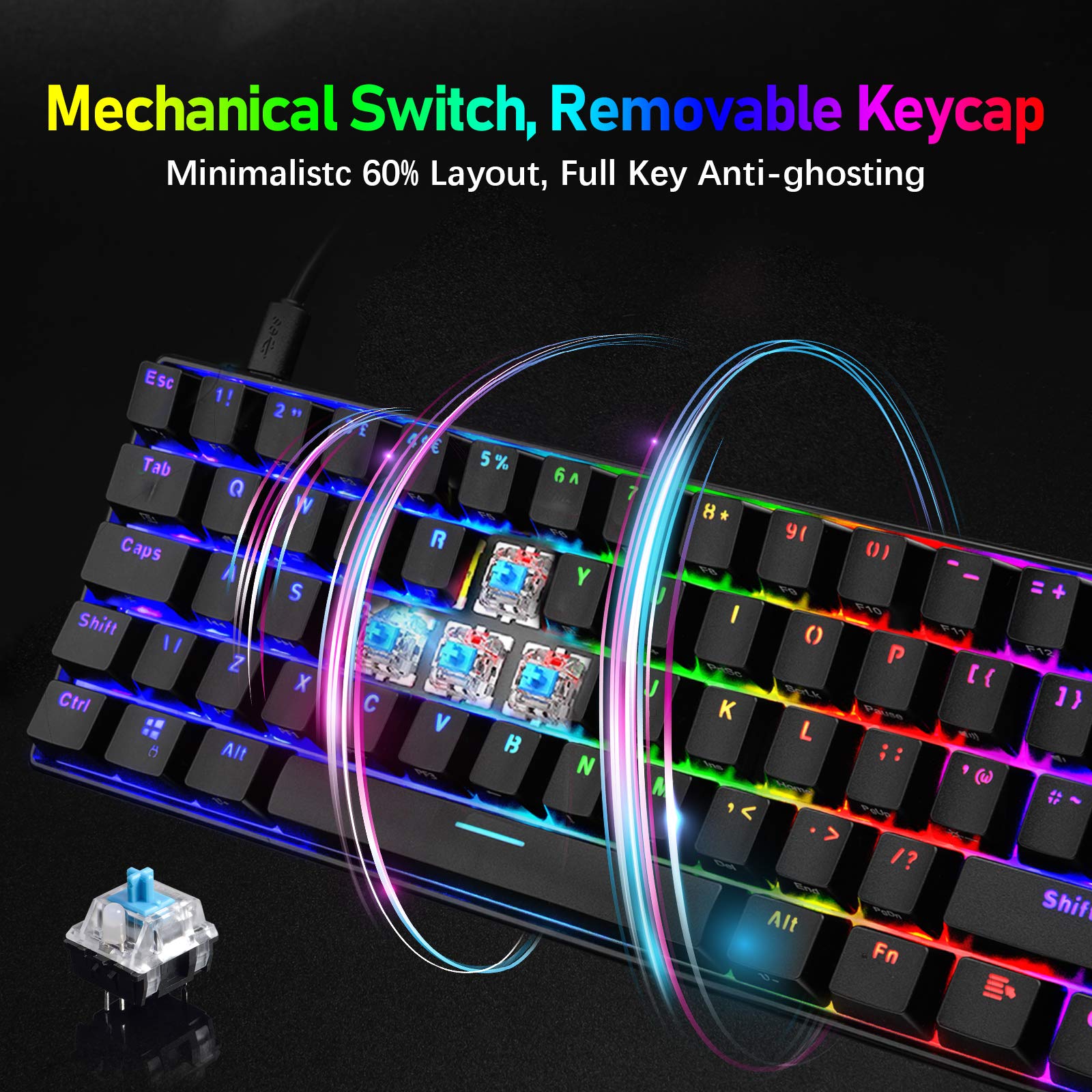 Mechanical Gaming Keyboard and Lightweight Honeycomb Mouse Combo with Rainbow RGB Backlit Full Anti-ghosting 61 Key Ergonomic Programmable Mice Wired USB for Laptop PC Gamer Typist(Black/Blue Switch)