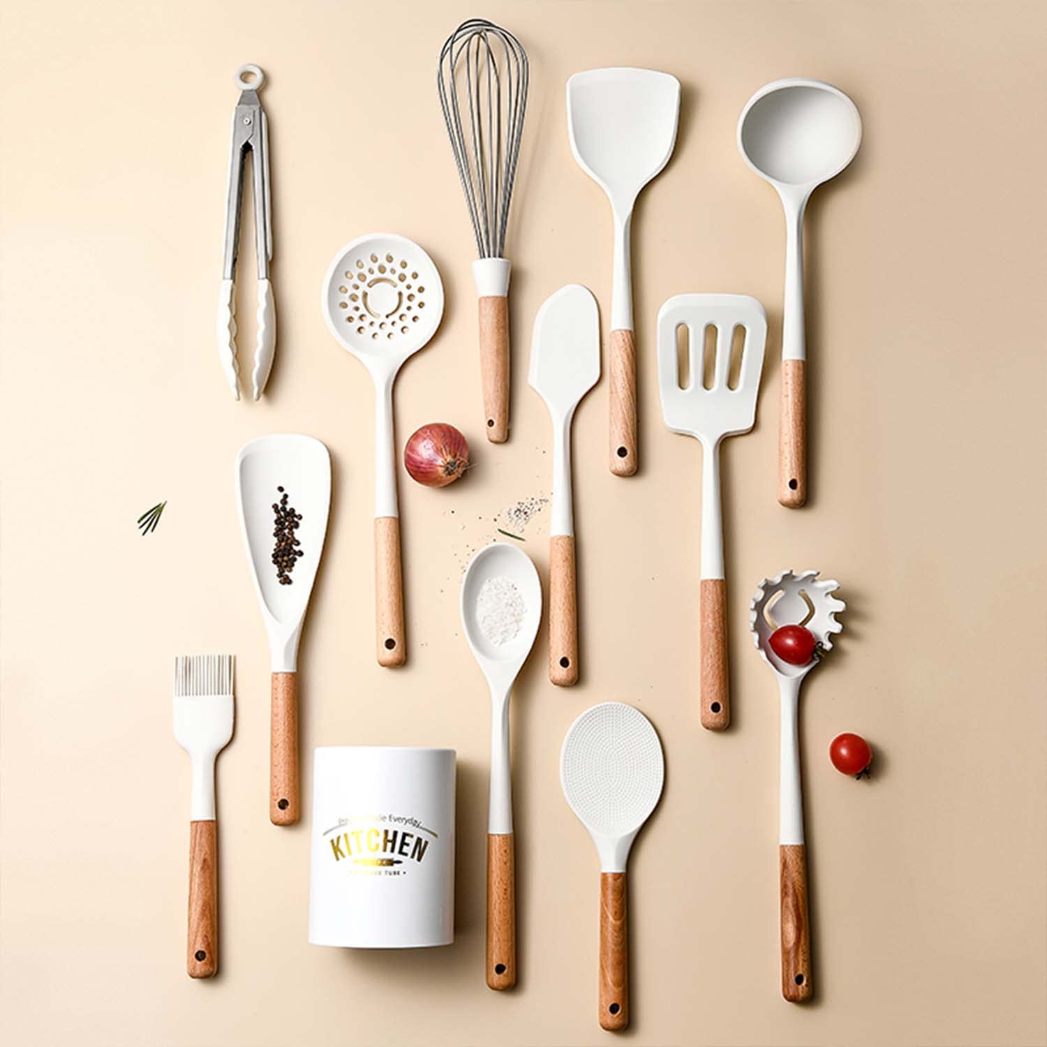 Keidason Kitchen Cooking Utensils Set, 13 Piece Wooden Handle Silicone Cookware Set with Stand,Nonstick Heat Resistant Silicone Tool Set - Morandi Blue( BPA Free)