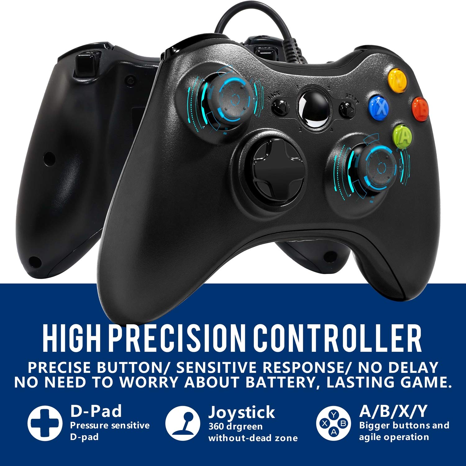 Medvoe Wired Controller for Xbox 360, 7.2 Ft USB Wired Gamepad Joystick Game Remote with Dual-Vibration Turbo, Trigger Buttons for Xbox360, Xbox 360 Slim and PC Windows 7,8,10 - Black
