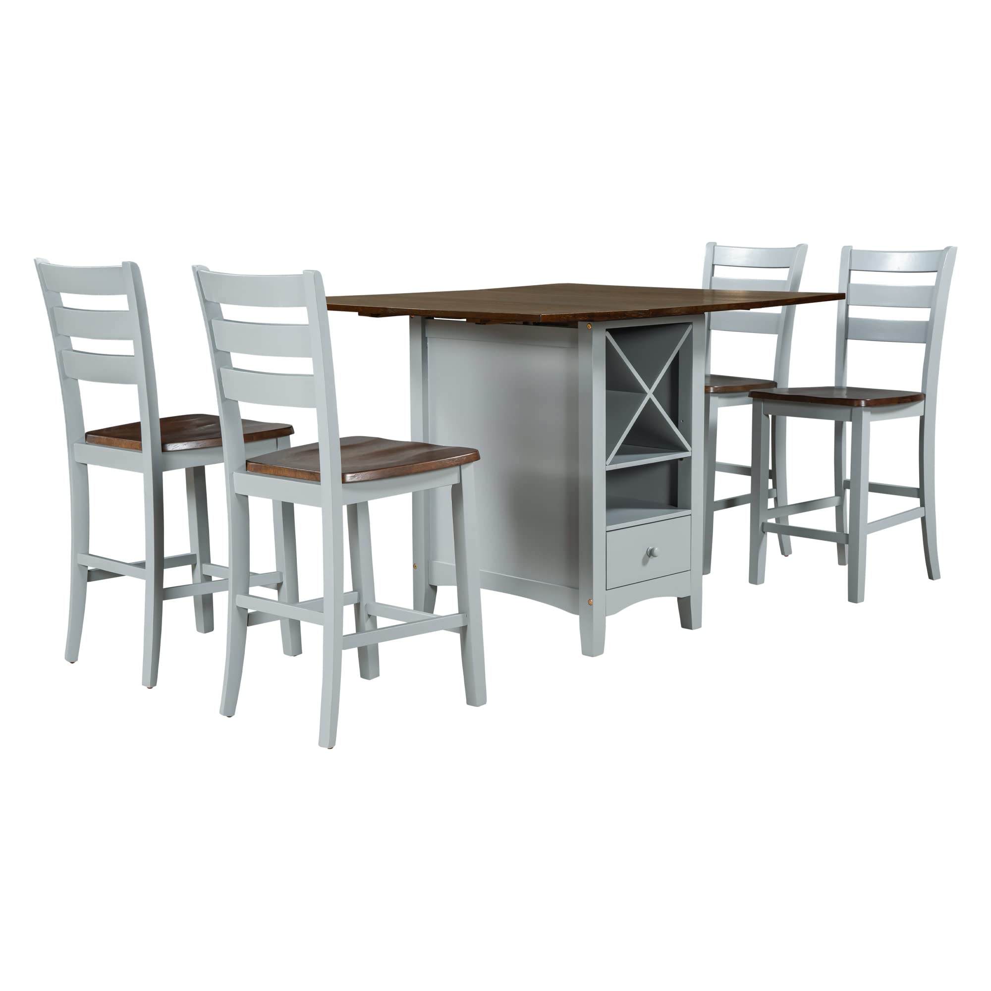 LIADTOP Set 5-Piece Farmhouse Drop Leaf 4 Counter Height Dining Chairs, Bar Table with Storage Shelf and Drawers for Kitchen, Breakfast Nook,Cherry+Gray