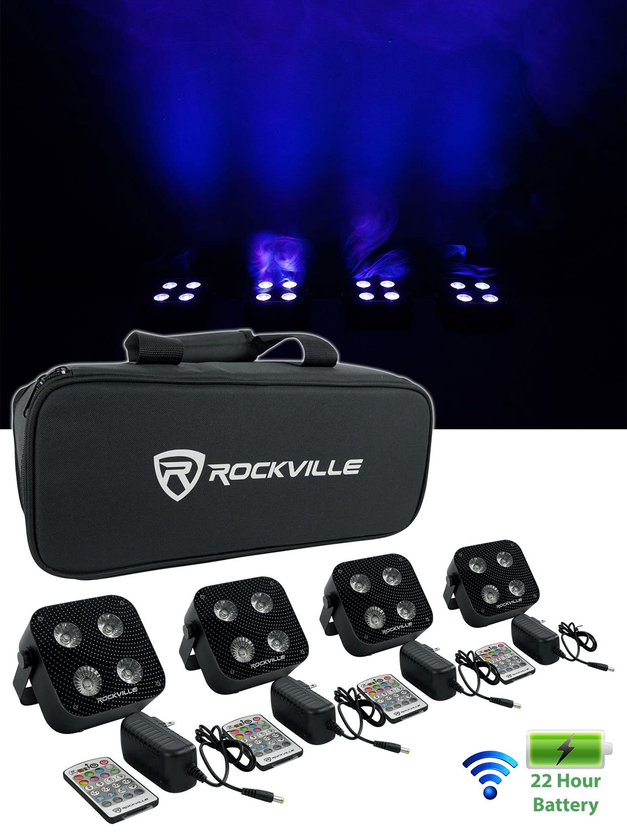 Rockville 4 Pack Mini RF4 Black DJ/Party Wash Up Lights+Bag+RF Remotes+Wireless DMX