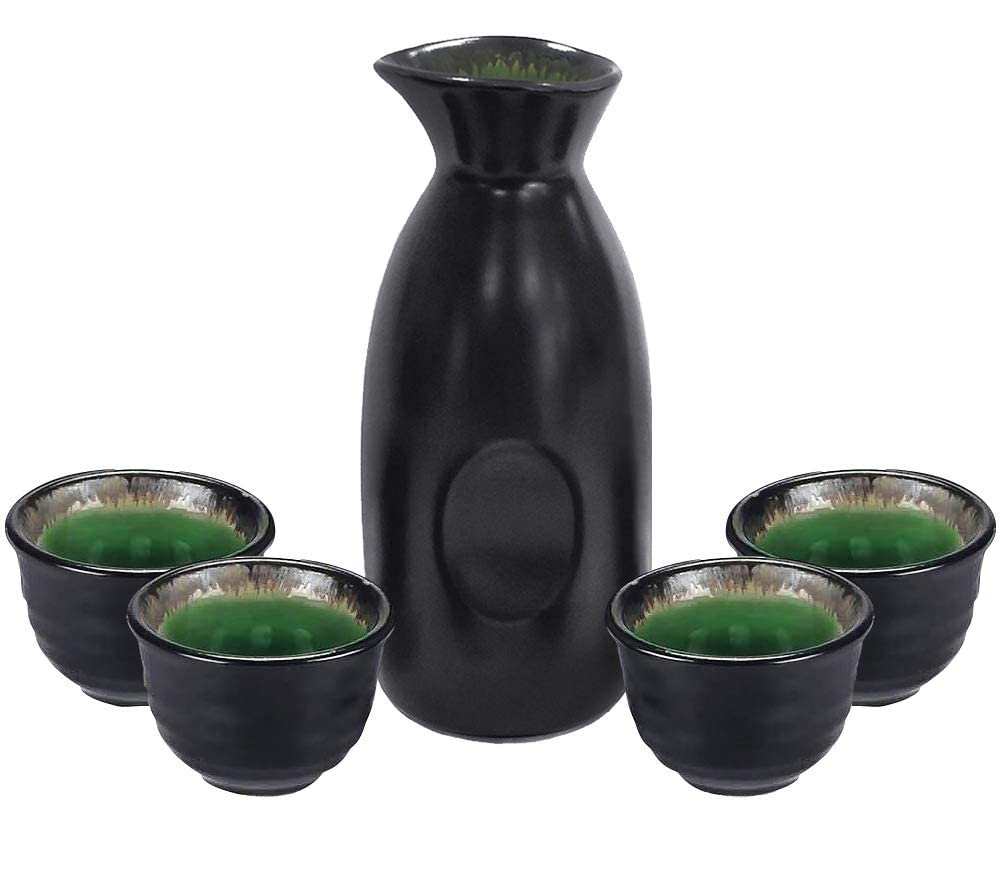 Sake Set Black Japanese 5 Pieces Traditional Japanese Sake Cup Set Hand Painted Design Porcelain Pottery Ceramic Cups Crafts Wine Glasses Gifts (Classic, 280 ML)