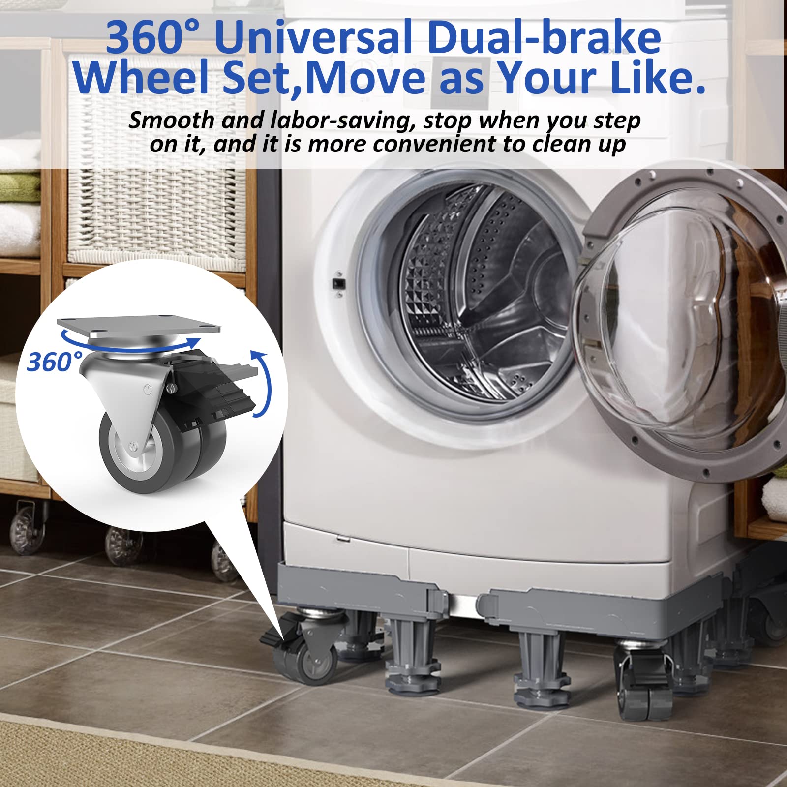 OREKO Mini Fridge Mobile Base Stand Adjustable Washer Dryer Refrigerator Stand With 4 Dual-wheel And 8 Lifting Feet (Double-tube)