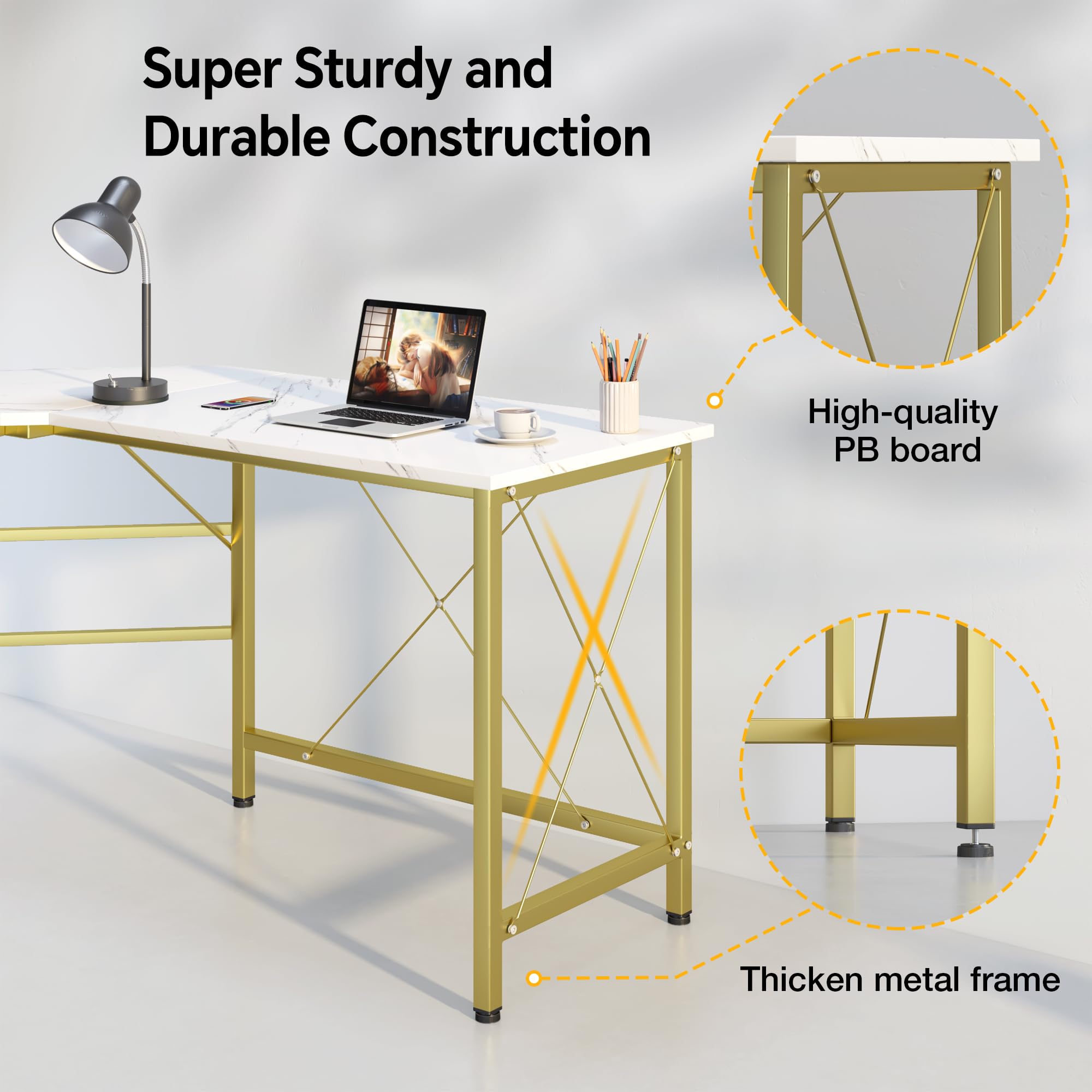Mr IRONSTONE L Shaped Desk, 59" Computer Gaming Desk, Corner Desk for Home Office Desks, Modern Computer Writing Desk with Large Desktops, Easy to Assemble & Space-Saving Desk - Marble White