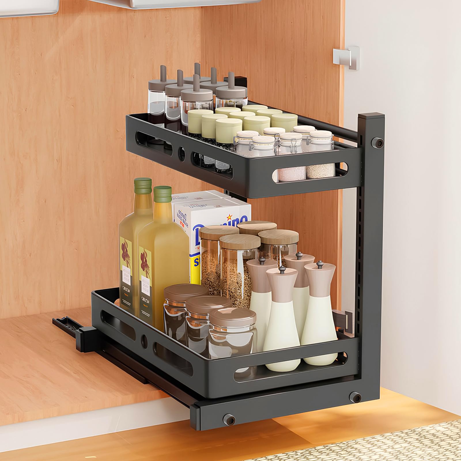 LINGSFIRE Pull Out Cabinet Organizer 2-Tier Under Sink Organizers & Storage Slide Out Pantry Shelves Carbon Steel Under Cabinet Storage Multi Purpose Pull-Out Home Organizers Kitchen Bathroom, Black