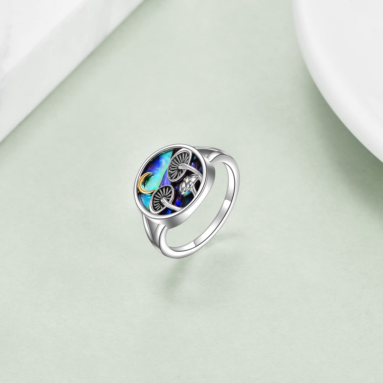 ONEFINITY Magical Mushroom Rings S925 Sterling Silver Abalone Shell Mushroom Moon Ring Birthday Gifts For Women