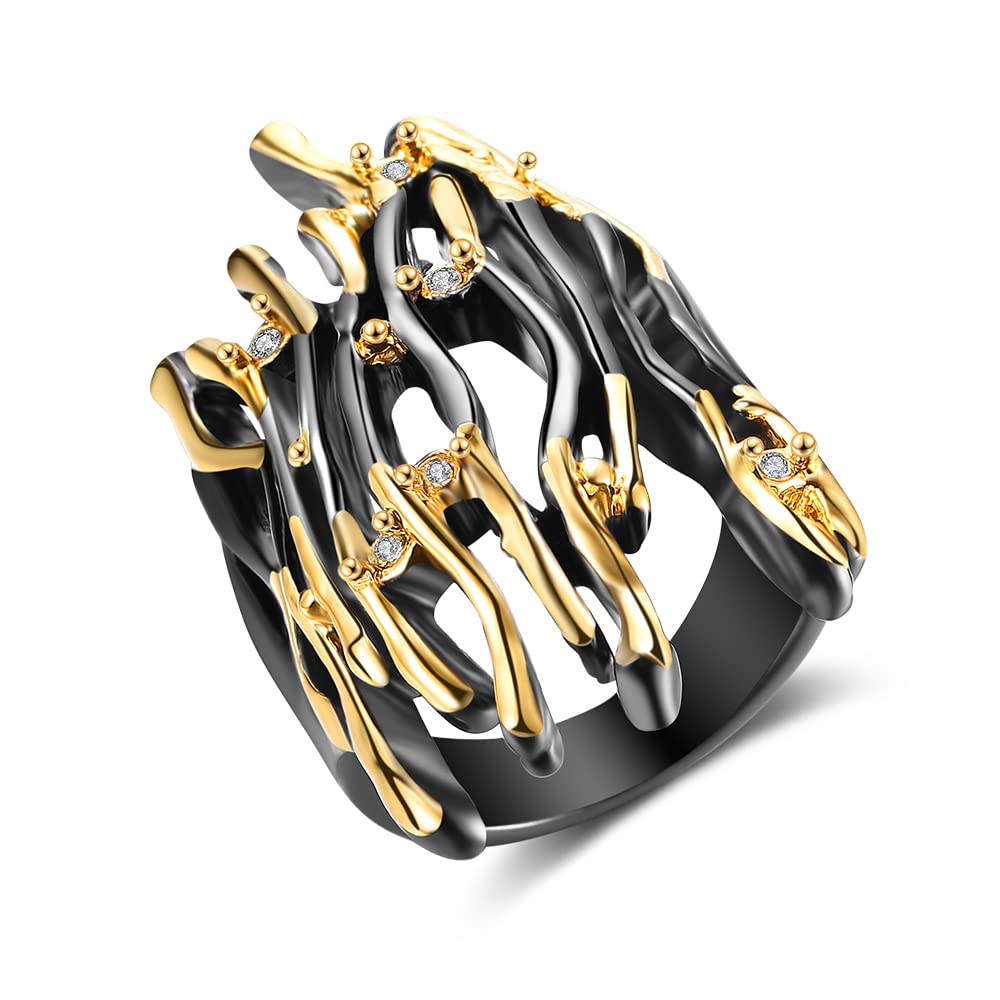 Mytys Branch Shape Statement Rings for Women Black & Gold Wide Band Cocktail Ring Size 7