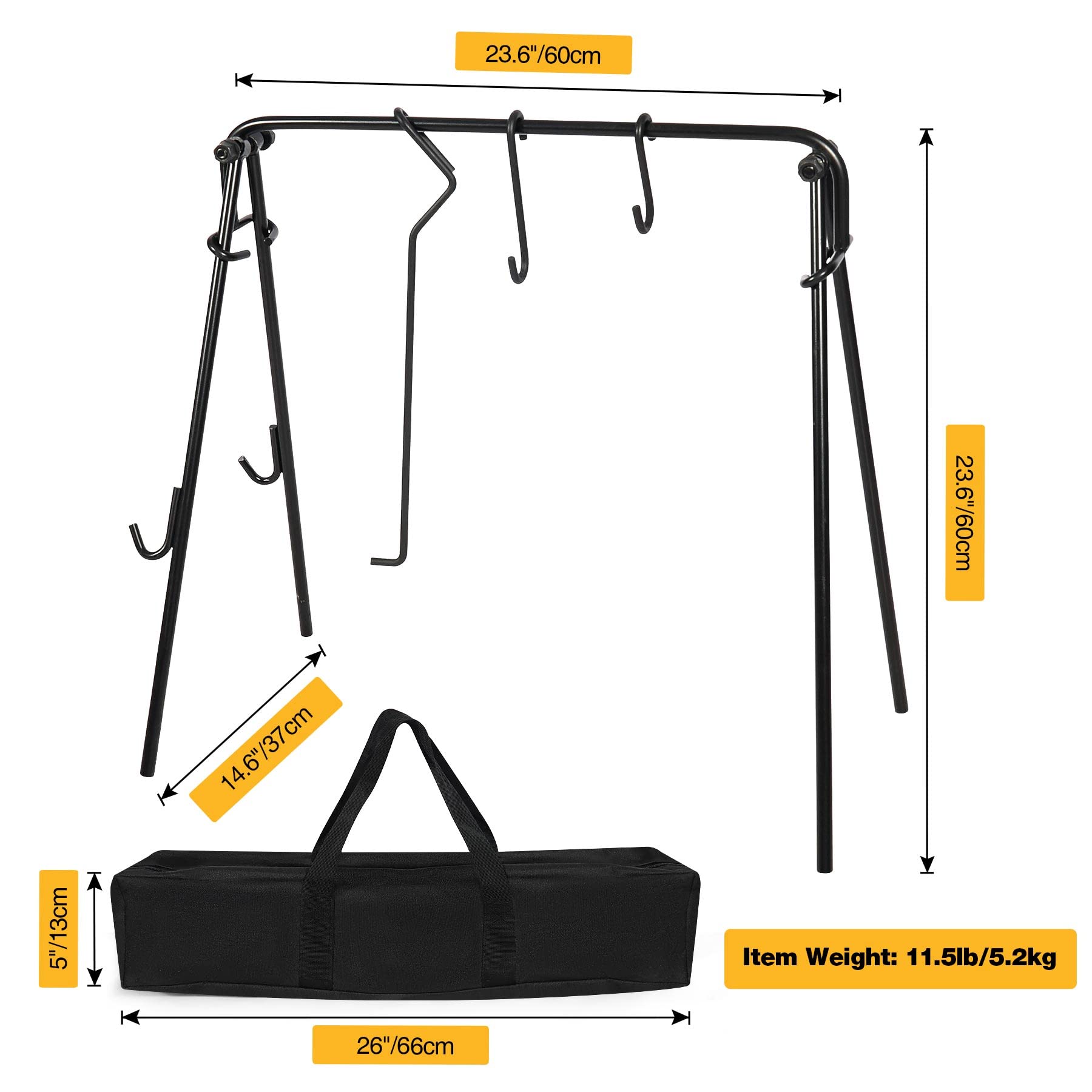 REDCAMP Campfire Cooking Stand, Portable Grill Swing with Hooks and Accessories, Cookware Hanging Rack for Cookware & Dutch Oven,Small