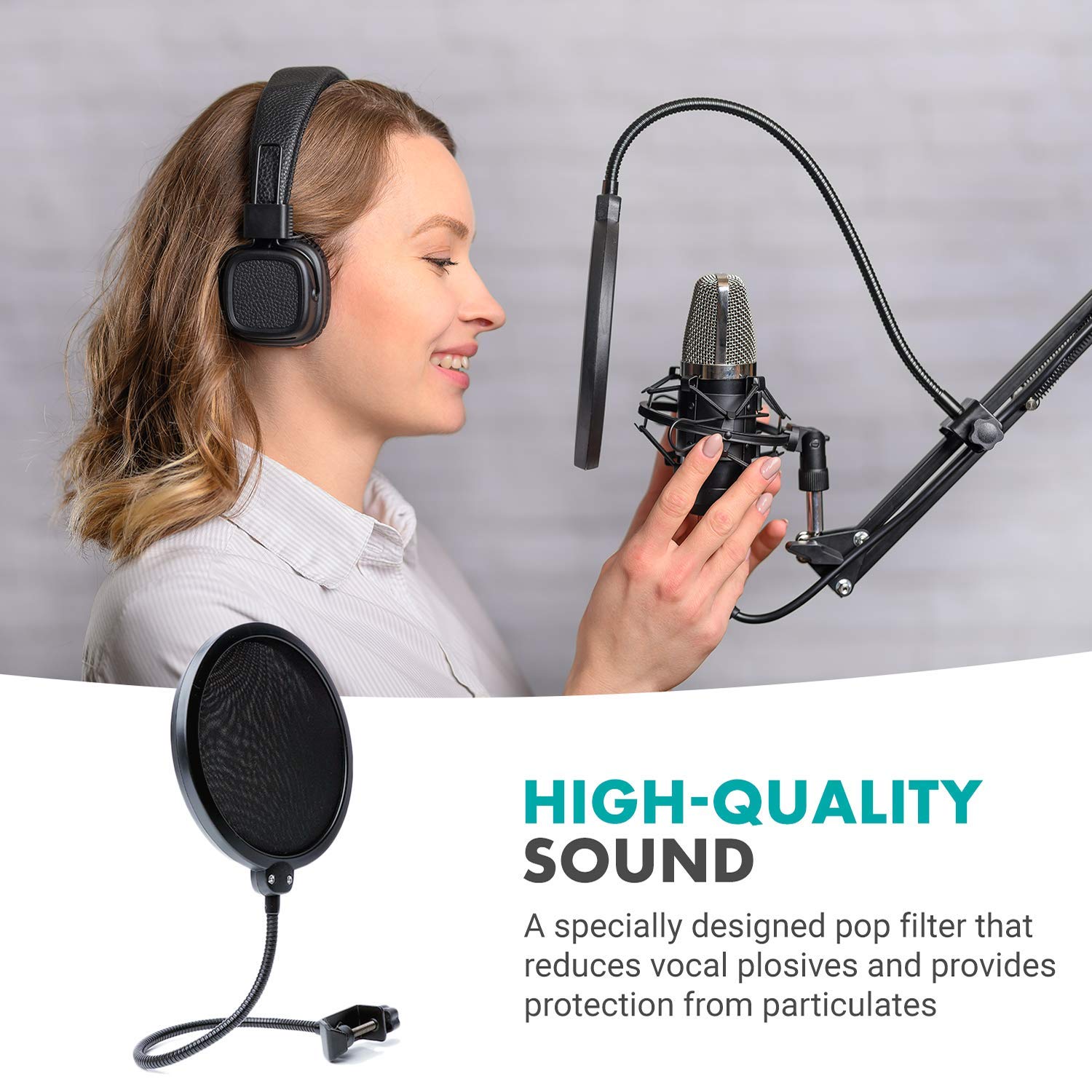 Movo PF-6 Dual Layer Nylon Mesh Microphone Pop filter, Gooseneck Arm and Clamp Mount. Pop Filter Delivers Professional Sound Quality Compatible with Blue Yeti, Blue Snowball Microphones and more