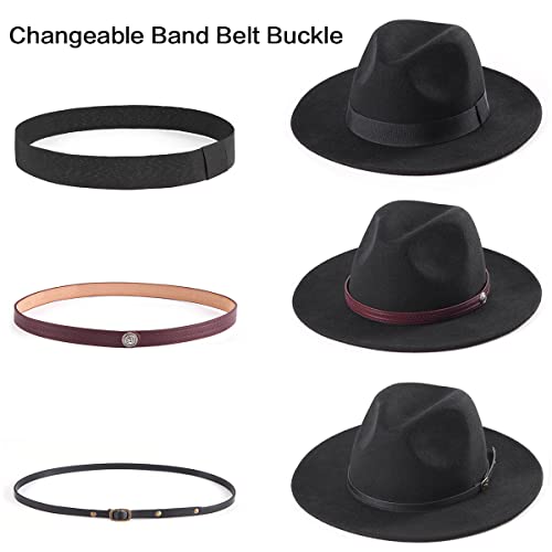 LADYBRO Fedora Hats for Women Wide Brim Hat, Incld 3 Decor Belts, Wool Felt, 58cm Adjustable Women's Fedora