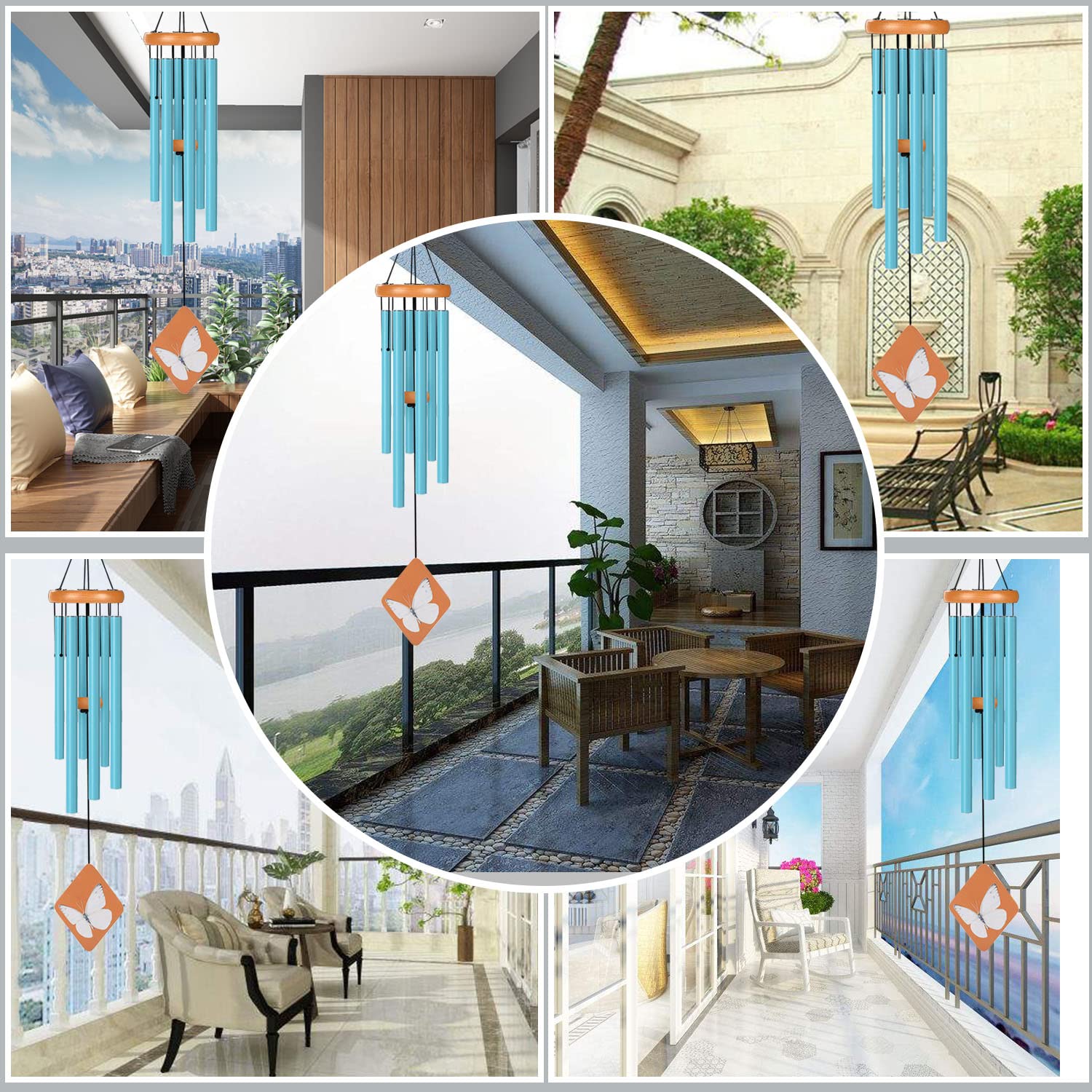 LGEGE Wind Chimes for Outside,White Butterfly Aluminum WindChime with Turquoise Blue Tubes, Unique Creative Outlook, for Father’s Day (32inch)