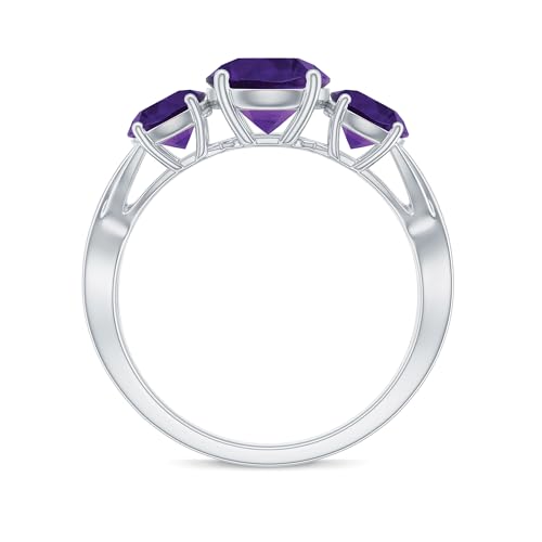 Natural Certified Amethyst 3 Stone Engagement Ring, AAA Quality, Past Present Future Ring - With Jewelry Box, 14K White Gold, Size:US 9.00