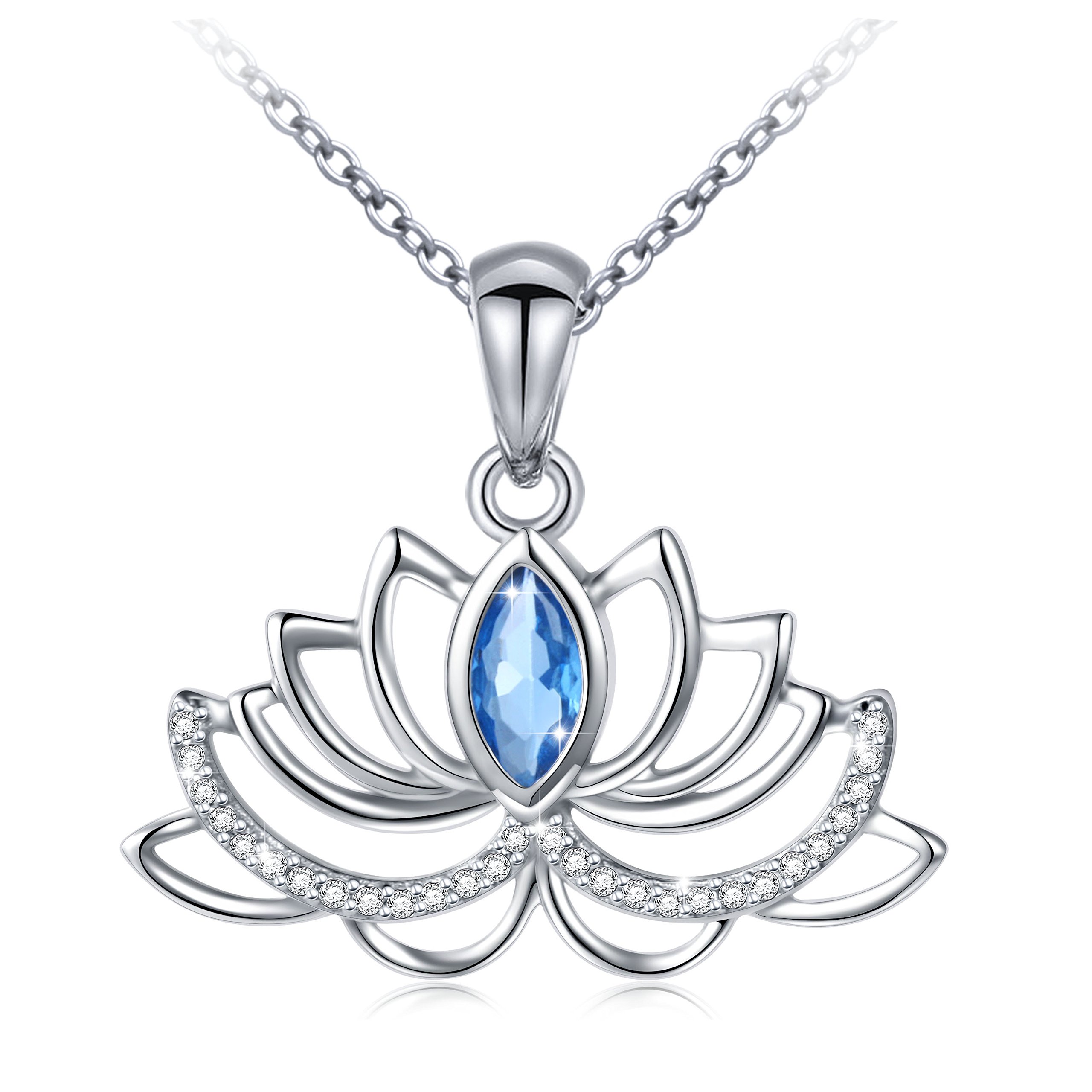 Ladytree 925 Sterling Silver Blue Lotus Necklace Cubic Zirconia Flower Pendant for Women,18"