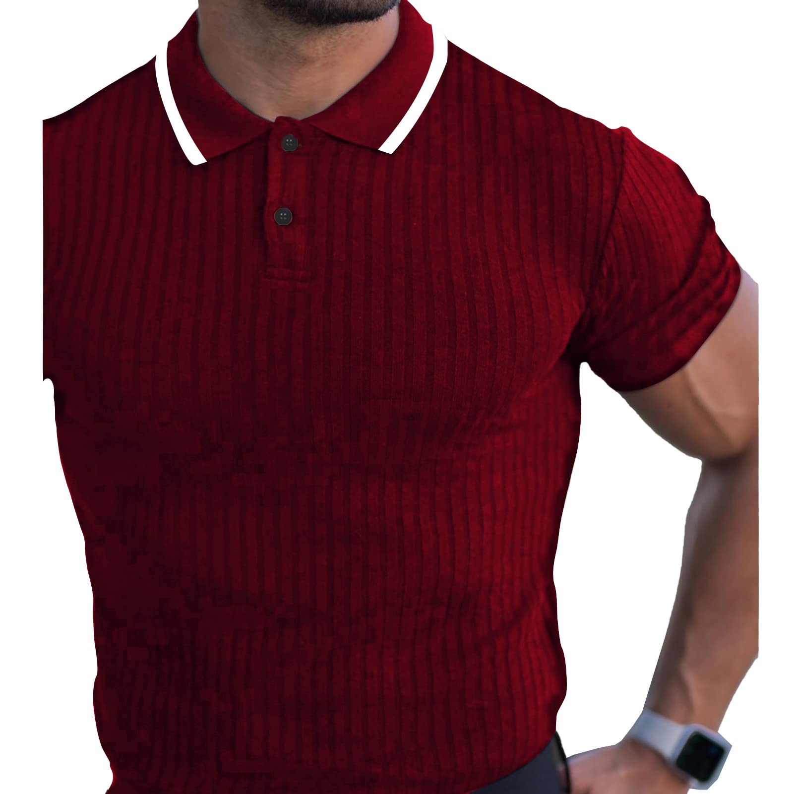Polo Shirts for Men Short Sleeve T Shirts Golf Shirts Collared Slim Fit Ribbed Workout Muscle Casual Red 2XL