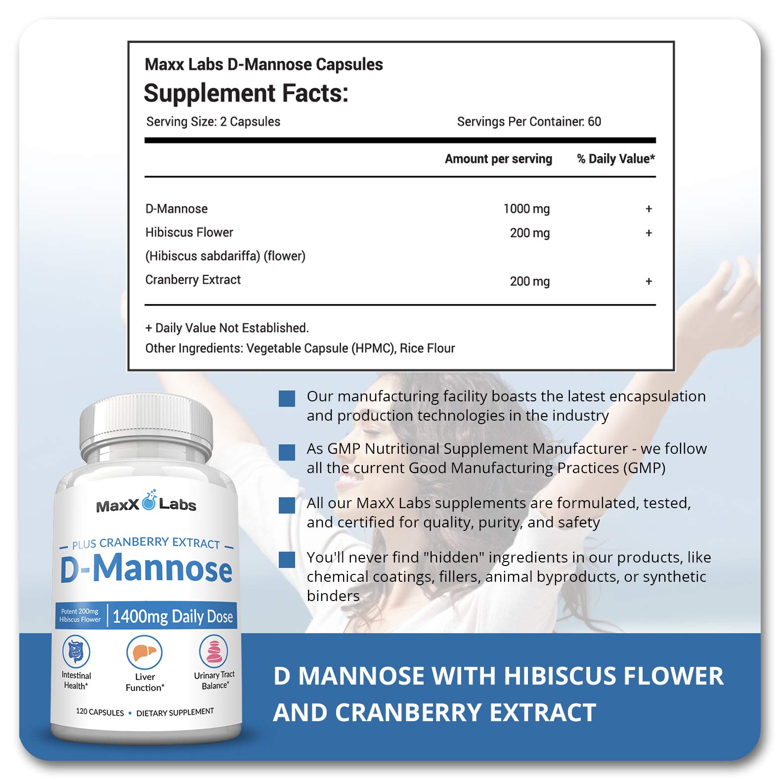 MaxX Labs D Mannose Capsules - Fast Acting 1400 MG Extra Strength DMannose Capsule for Bladder Health with Potent Cranberry Extract & Hibiscus Flower Supports UTI Relief Supplement - 120 Ct