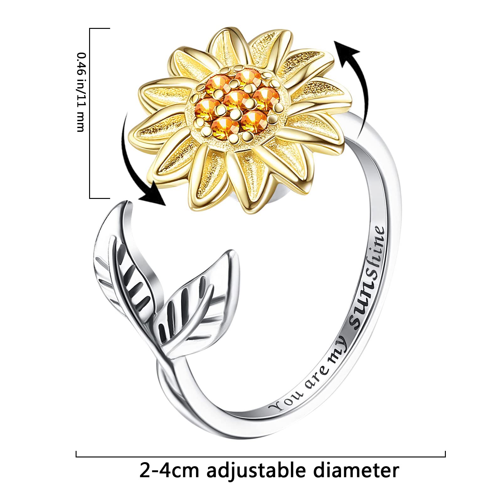 papasgix Sunflower Fidget Ring for Women, Sterling Silver Anxiety Ring for Stress Relief/Adjustable Open Rings Engraved You are My Sunshine