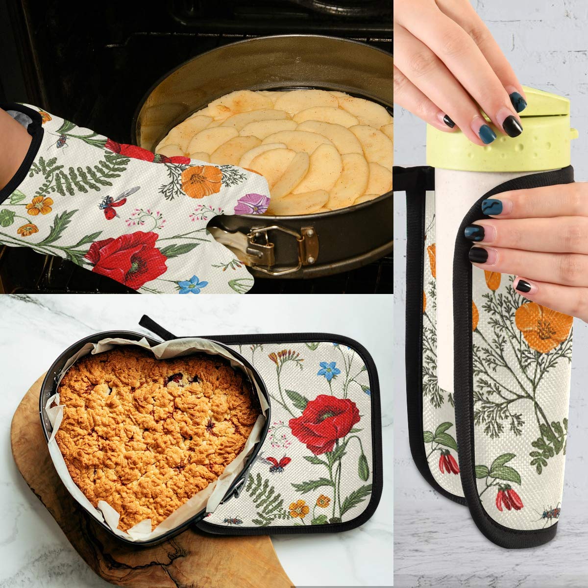 Oven Mitts and Pot Holder Oven Gloves Plants Flowers and Butterflies Provence Style Non Slip Hot Pads Insulation Gloves Heat Resistant Kitchen Set for Cooking Baking Grilling BBQ