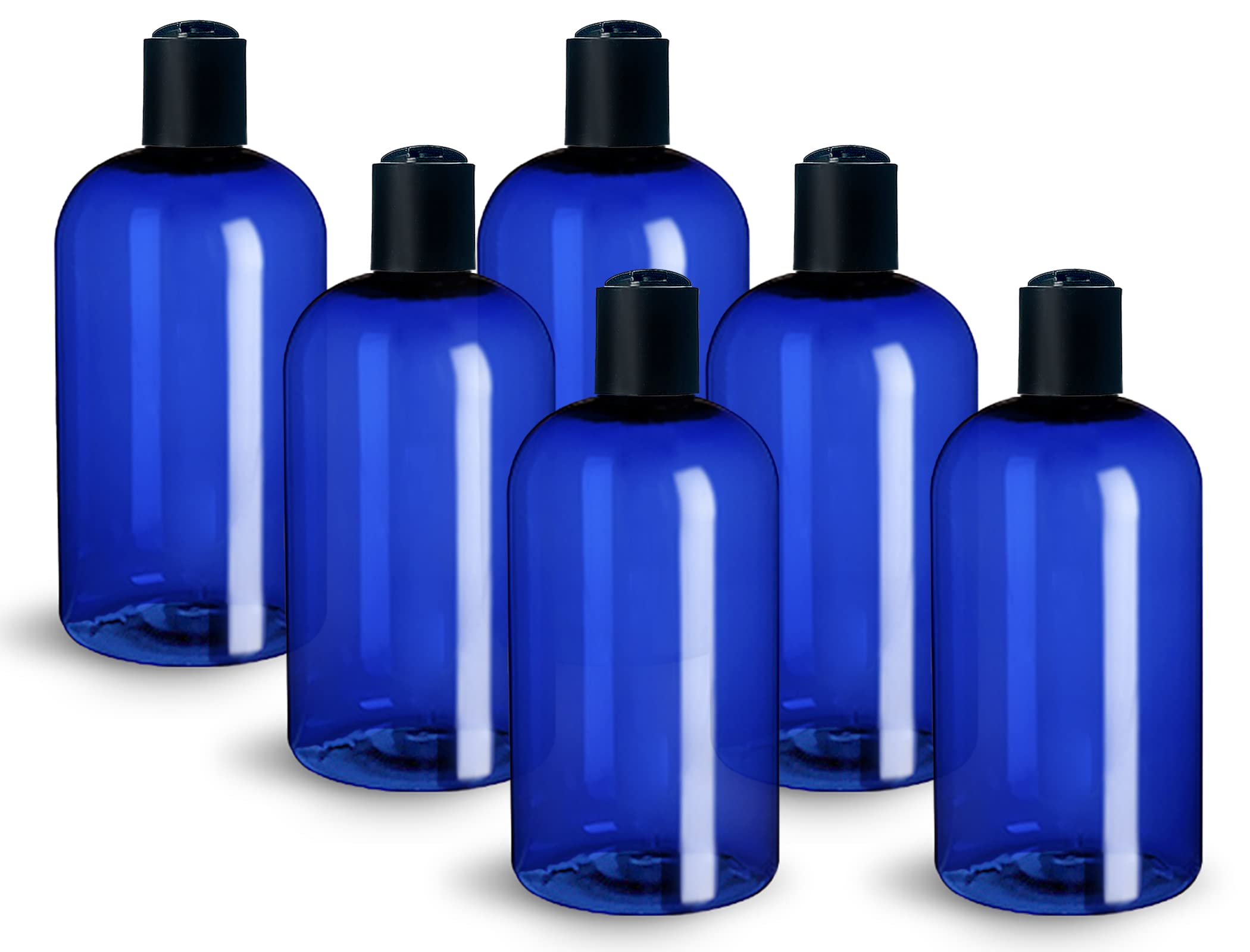 ljdeals 16 oz Cobalt Blue PET Plastic Refillable Bottles with Disc Top Caps, Pack of 6, BPA Free, Made in USA