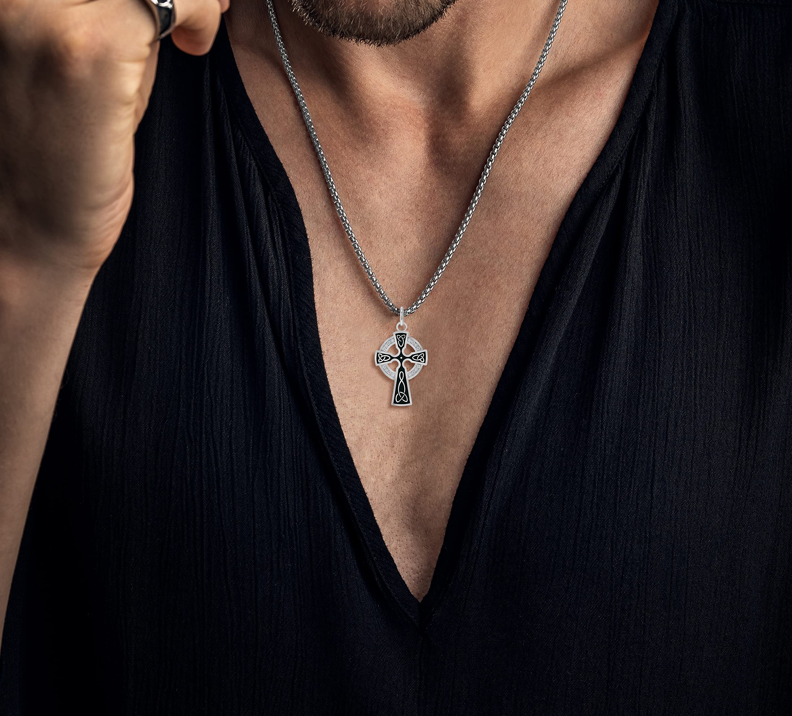 Pome Celtic Cross Trinity Knot Pendant Necklace in Sterling Silver with CZ, Made in America (22" Necklace, Black Enamel)