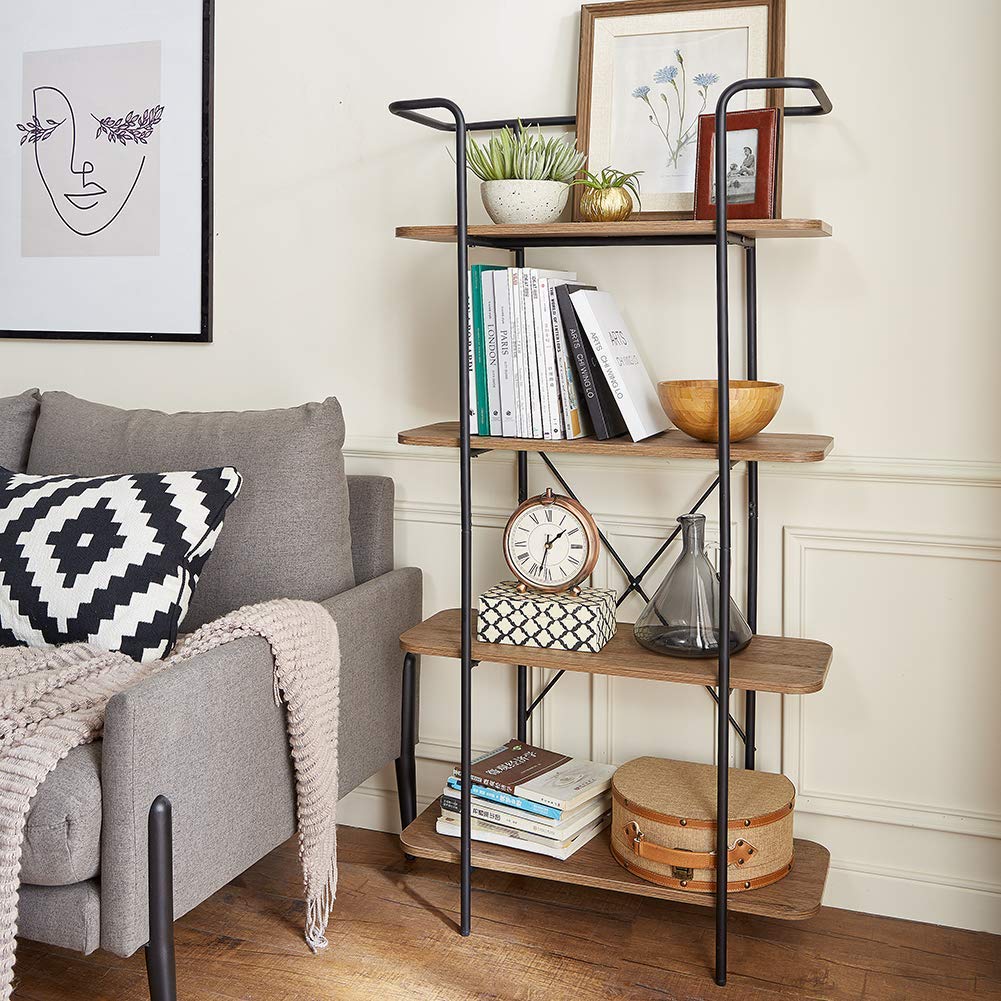 LINSY HOME Bookshelf, 4-Tiers Ladder Bookcase for Storage, Display Shelf for Bedroom and Living Room, Rustic Oak Finished