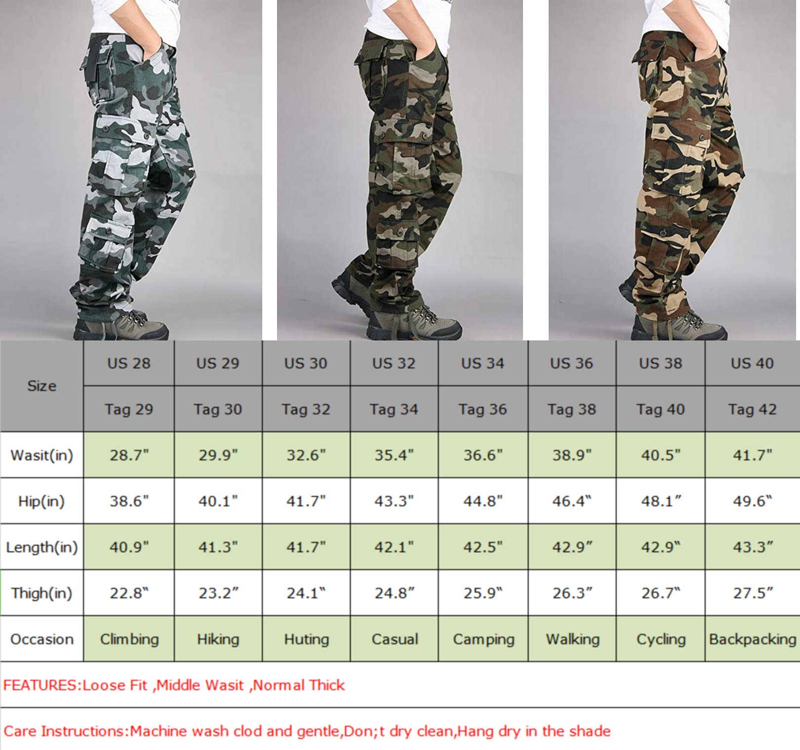 Men's Casual Relaxed Fit Cargo Pants,Outdoors Wild Military Army Camo Combat Work Pants with 8 Pockets Army Camo 38-US 36