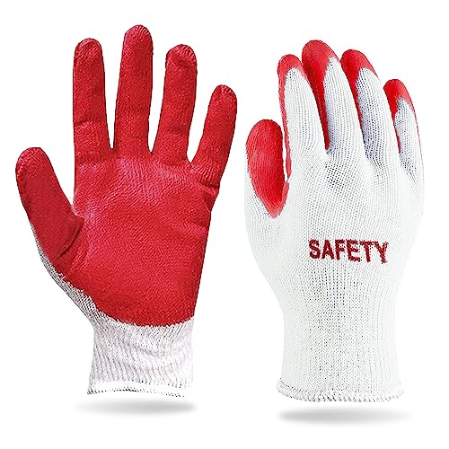 STIX-ON SAFETY Non-Slip 300 Pairs Red Latex Cotton Multi-Purpose Work Gloves- Nitrile Dipped & Rubber Palm Coated for a Firm Grip- Heavy Duty Premium-Construction-Moving-Warehouse-Garden-Gloves