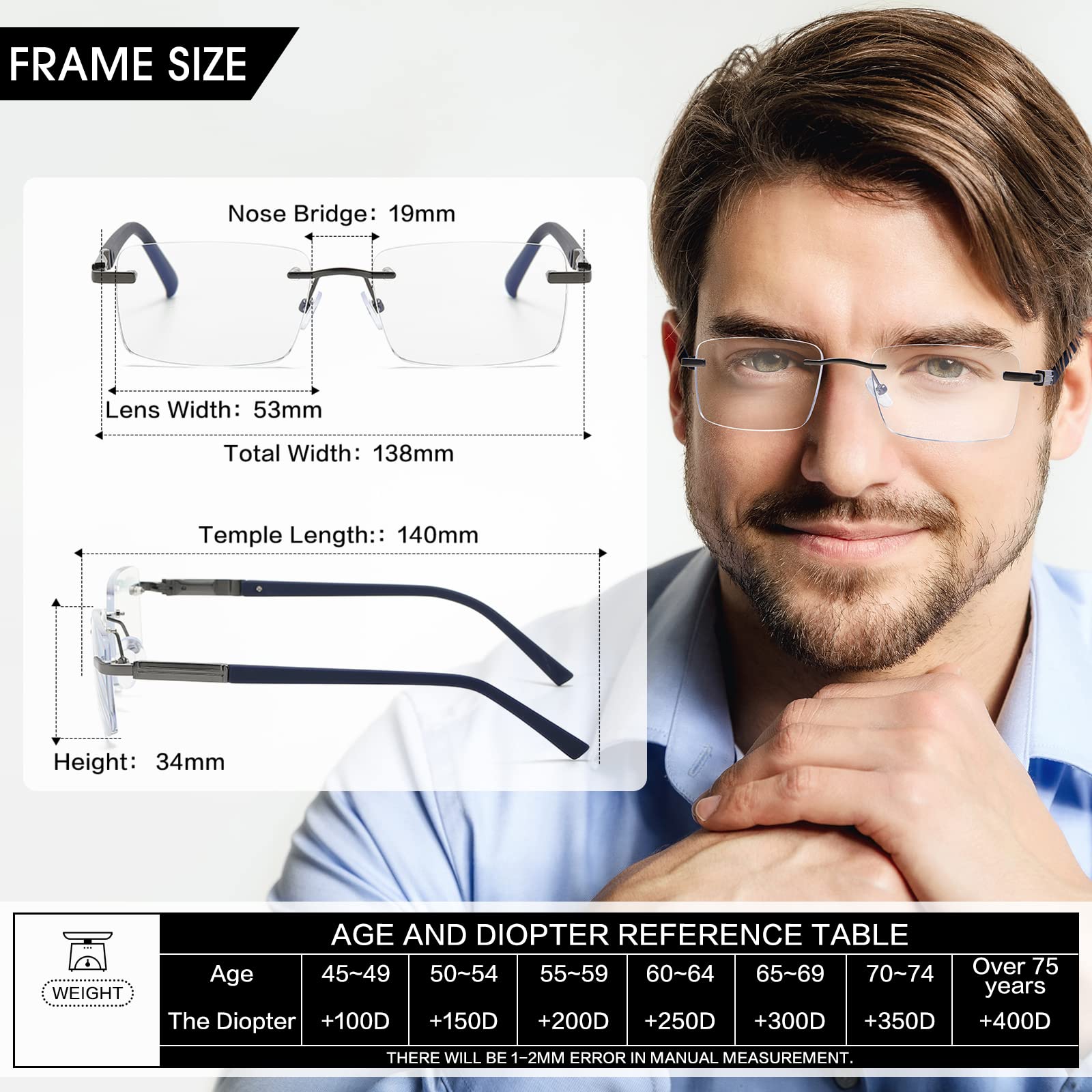 LKEYE Progressive Multifocus Reading Glasses Men Multifocal Transition Readers Blue Light Blocking Multi focus Computer Rimless Wide Metal Frame Large Head No Line Magnifying Eyeglasses LK6056 175