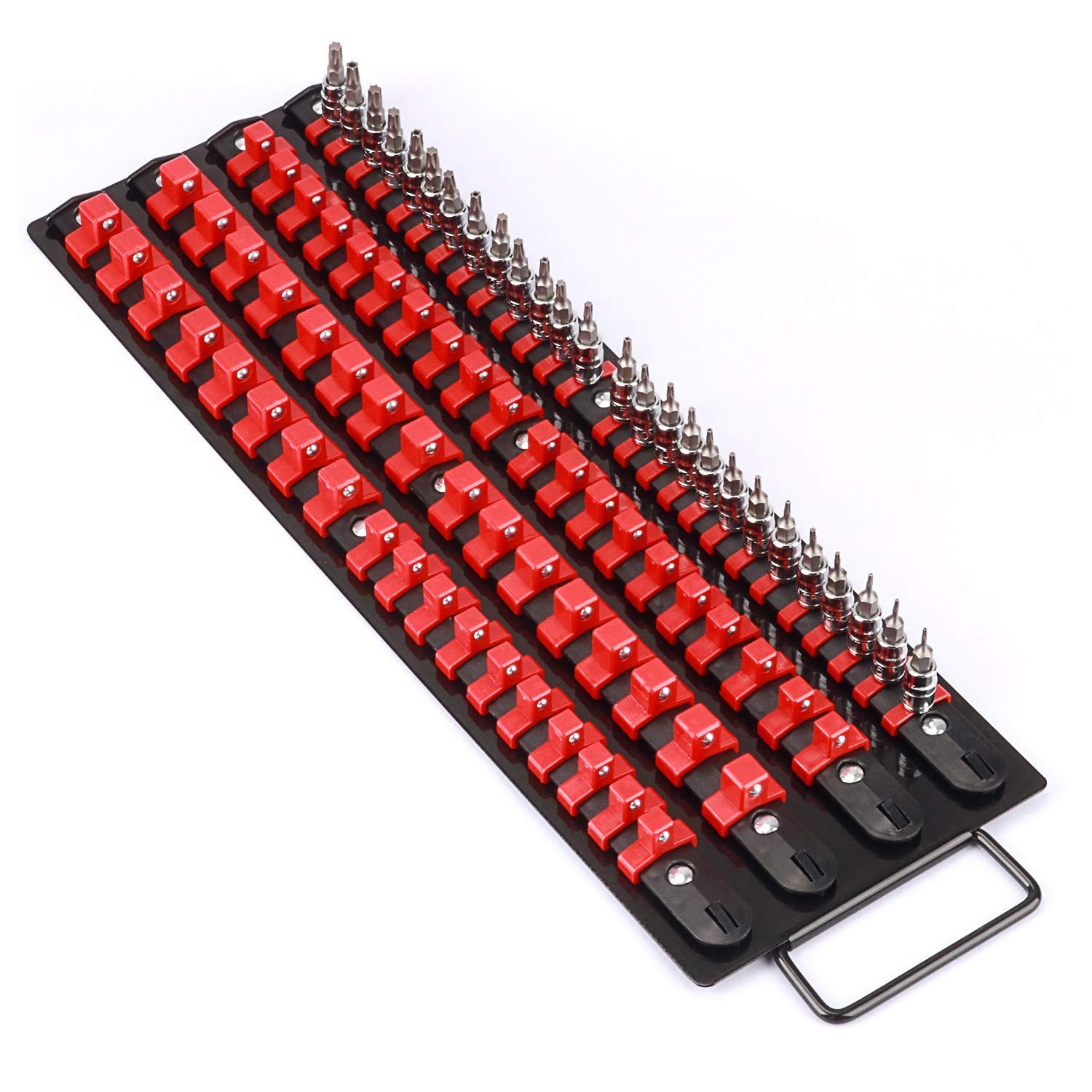 Mayouko 80-Piece Portable Socket Organizer Tray, 1/4-Inch, 3/8-Inch, 1/2-Inch,Heavy Duty Socket Rail, Black Rails with Red Clips,Drive Socket Clip Rail Holder