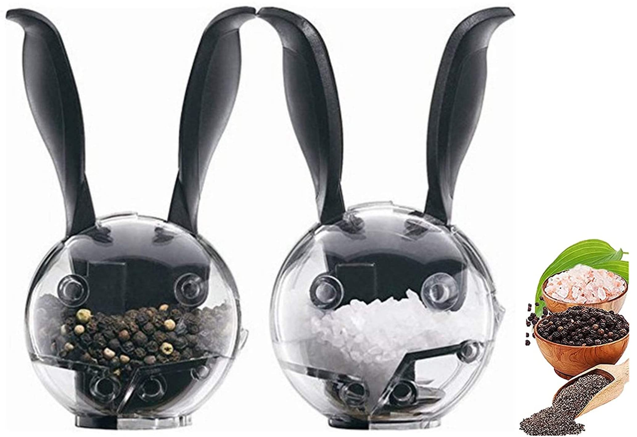 RROAD Manual Salt and Pepper Mill Set ,Mini Manual Black Pepper Grinder Multifunction Cruet Spice Grinder Ball Shape Black Rabbit Ears Design Kitchen Tools(2Pcs)