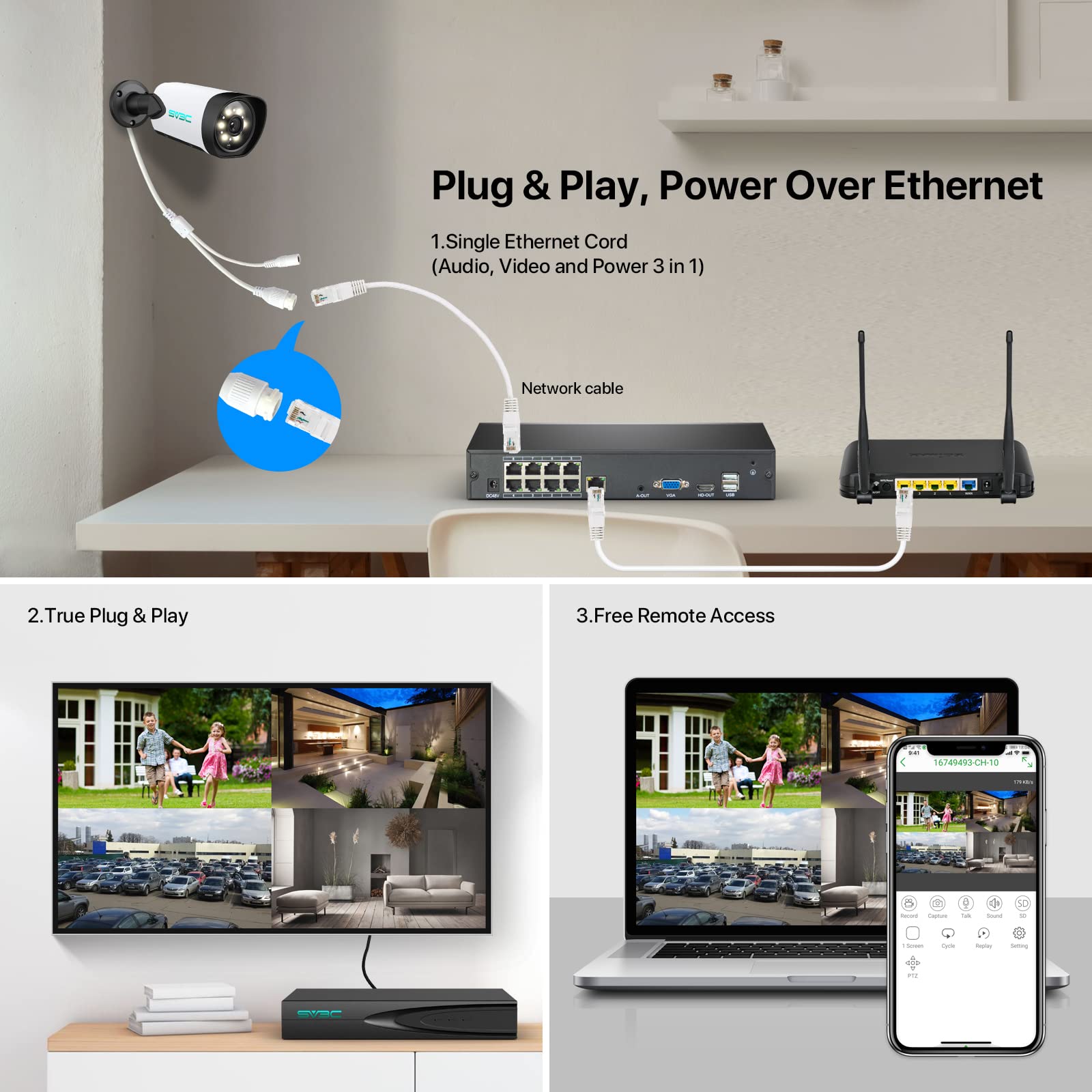 SV3C PTZ Security Camera Outdoor, Smart Motion Detection, IP66 Waterprood, Max Support 128gb SD Card, Color Night Vision, Two Way Audio