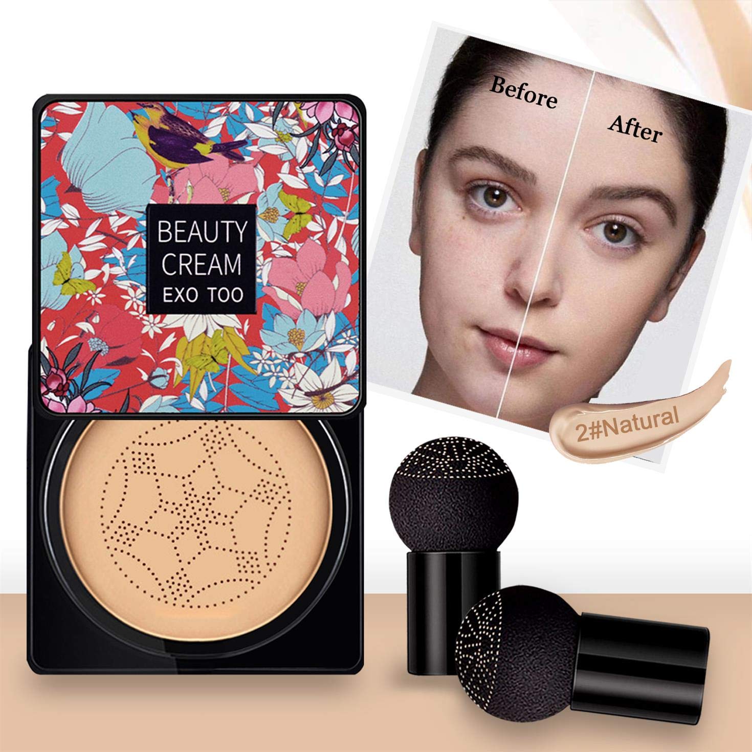 NUIBO Air Cushion CC Cream Foundation Moisturizing Long Lasting Matte Concealer Light Weight Smoothly Water Proof Makeup Base Liquid Foundation with 2PCS Mushroom Head【Natural/Unscrew Lid】