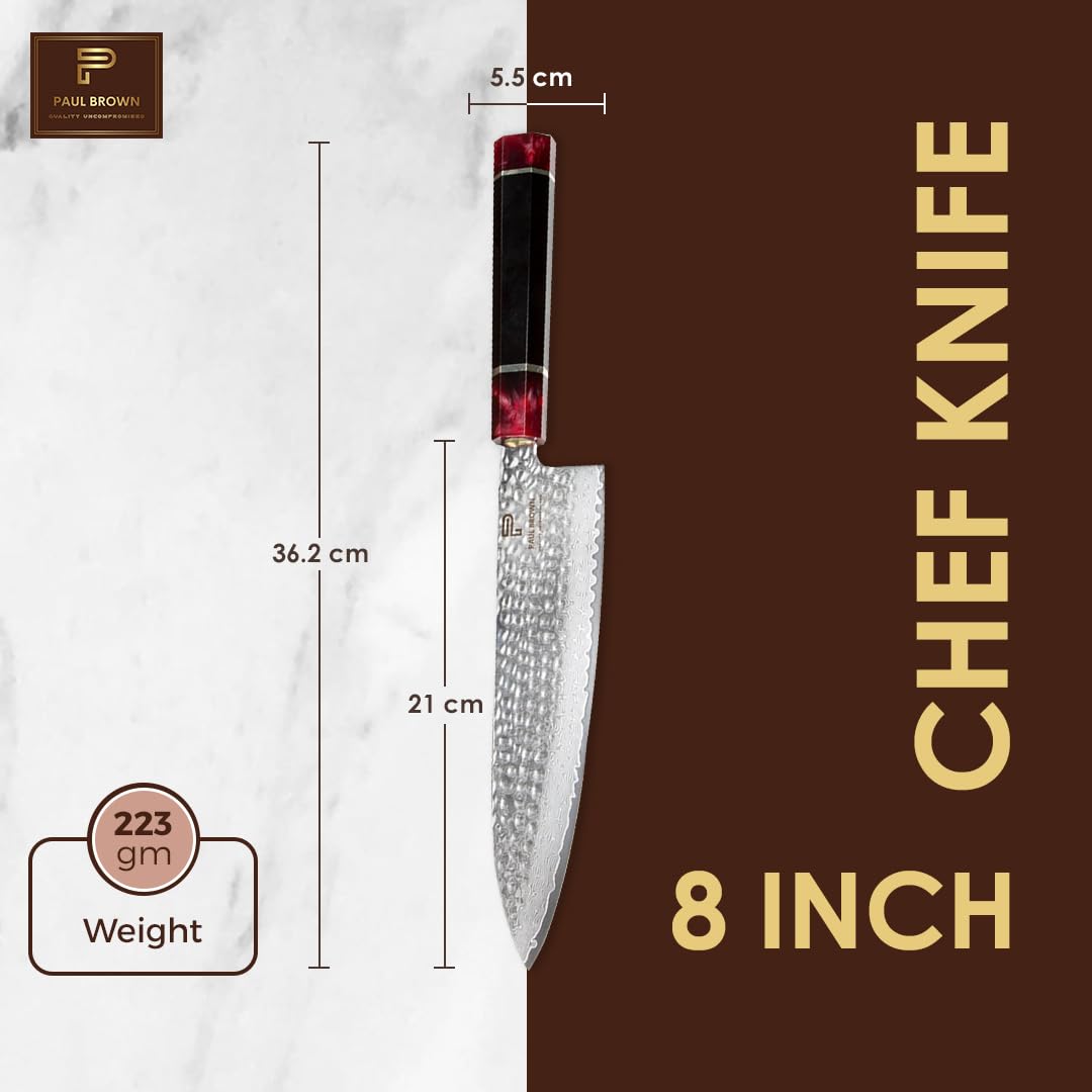 Paul Brown's™ 8 Inch Chef Knife 9Cr18COMOV 67 Layers Damascus Steel Resin Handle Chef Knife with Pine wood Gift box and Leather Sheath
