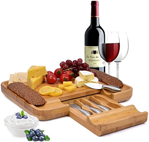 Organic Bamboo Cheese Charcuterie Cutting Board with Cutlery & Knife Set, Includes 4 Stainless Steel Serving Utensils, Wooden Serving Tray for Meat Platter, Fruit & Crackers
