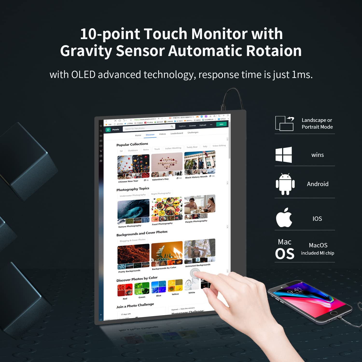 Virzen OLED Portable Monitor Touchscreen 4K 3840 x 2160 Touchscreen Display with 10000mah Battery 15.6” UHD 10bit 100% DCI-P3 100000:1 Color Second Screen for Laptop, PC, Phone, Camera, Consoles