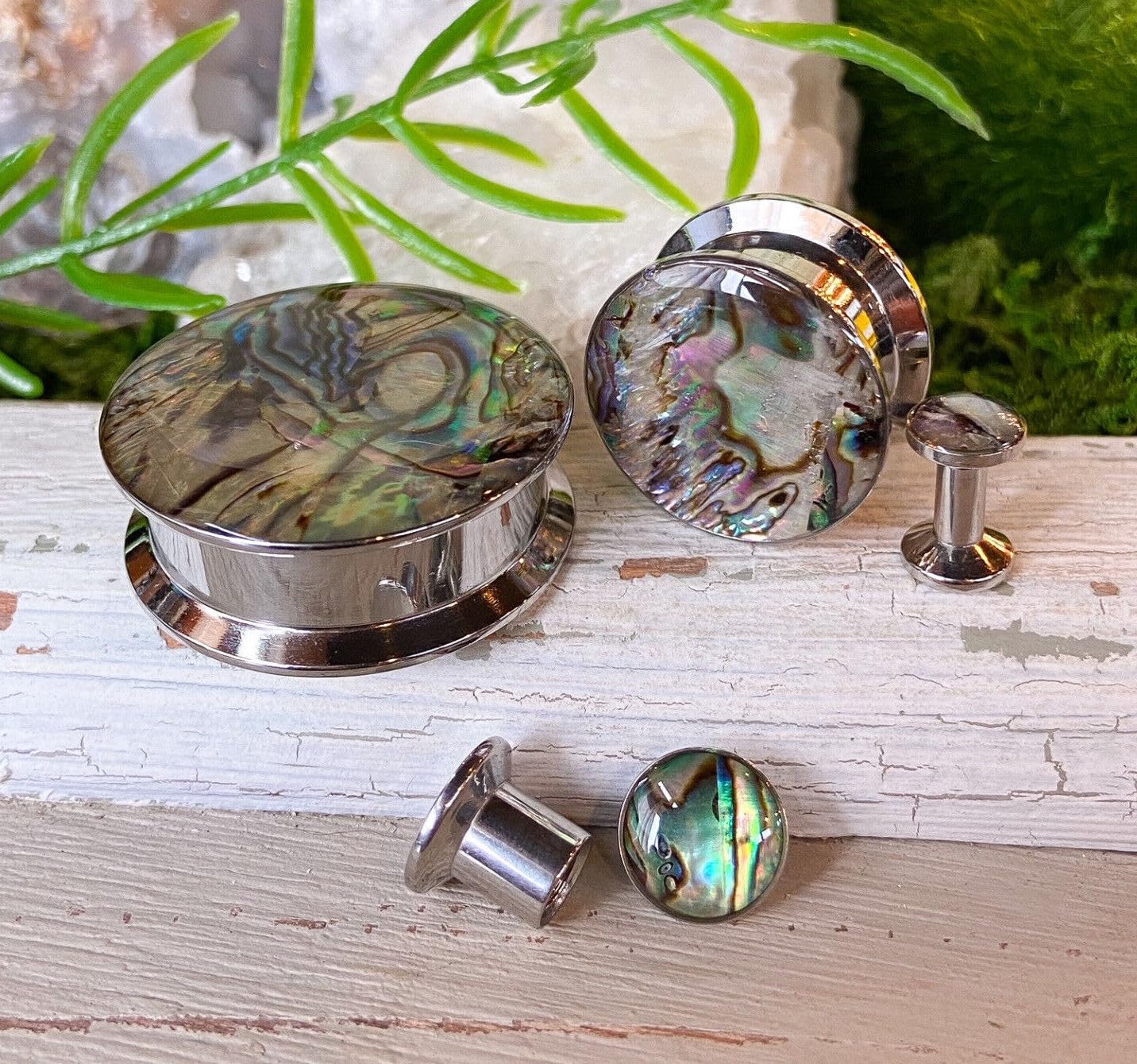 Lobal Domination PAIR Abalone Inlay Steel Screw Fit Plugs Tunnels Earlets Gauges Pierced Body Jewelry (6g (4mm))