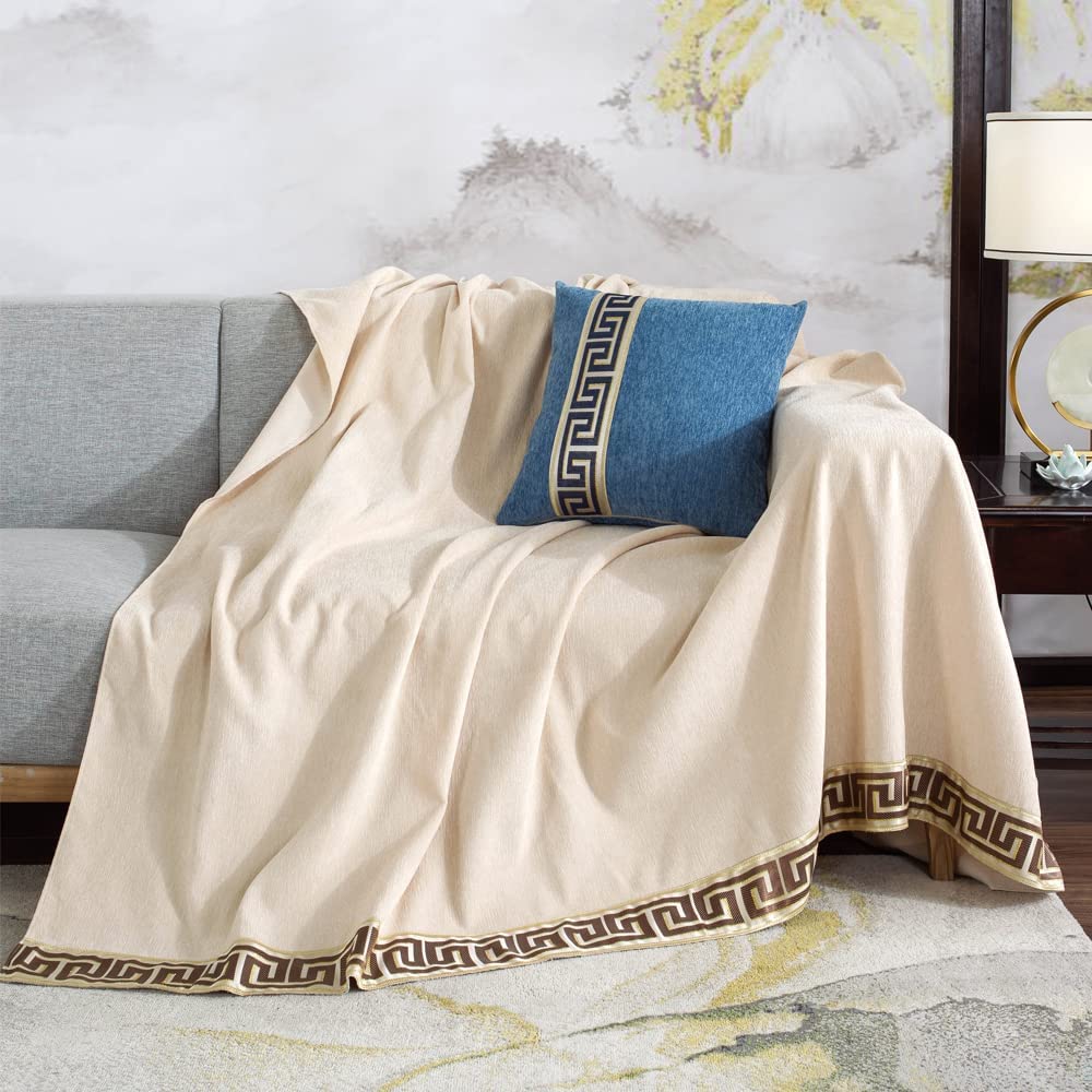 ROOMLIFE Solid Color Beige Chenille Couch Cover Soft Cozy Sofa Covers Sofa Slipcovers for Dogs Cat Pets Multifounction Furniture Protector Blanket Sofa Slipcovers,71"X118"